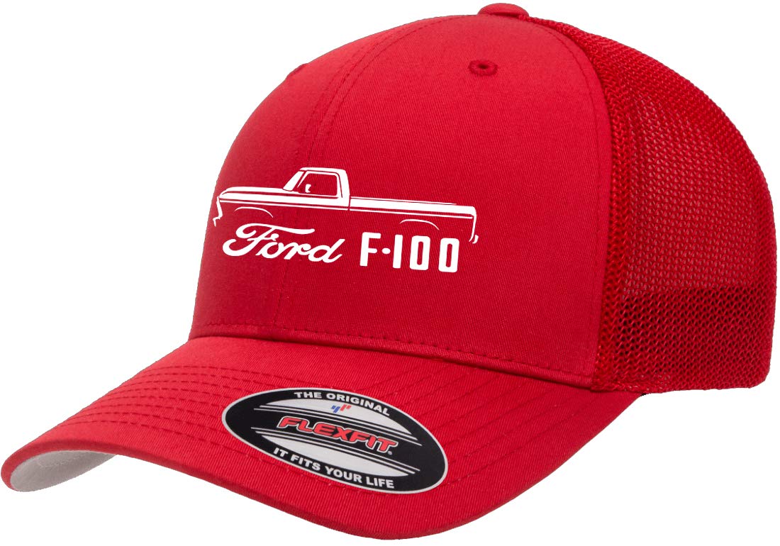 1973-77 Ford F100 Pickup Truck Outline Design Flexfit Trucker Mesh Fitted Cap red