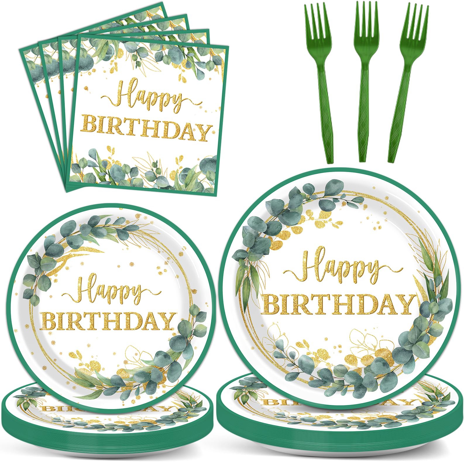 96 Pieces Greenery Eucalyptus Happy Birthday Plates Eucalyptus Birthday Themed Party Decorations Green Leaf Baby Shower Party Dessert Paper Plates Napkins Forks Supplies for 24 Guests Tableware Set