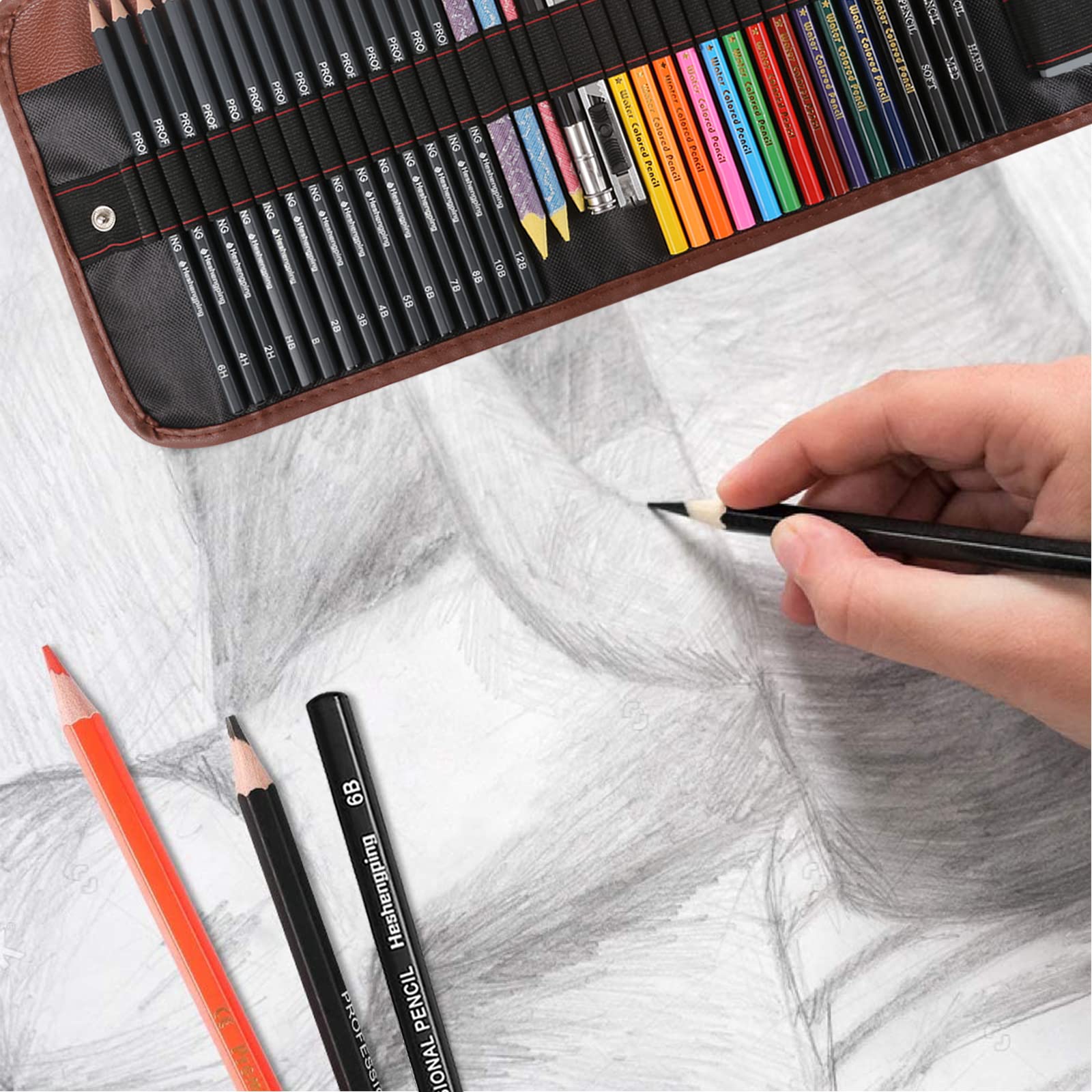 Heshengping, 41pcs Sketching Pencil Set Drawing Sketch Kit Graphite Pencils Charcoal Pencils Watercolor Pencils Blending Stumps 50page sketchbook, coloring book, Beginners Artist Teens and Adults