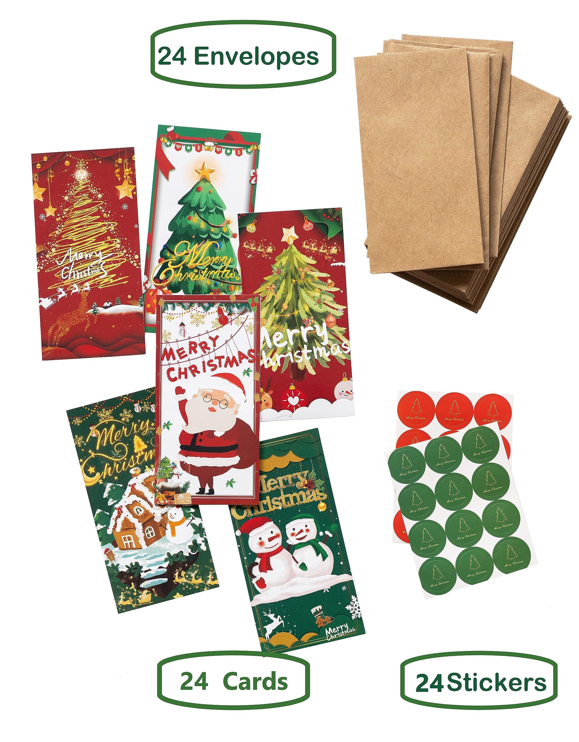 PINKEESEA Christmas Cards with Kraft Envelopes - 24 Christmas Cards with 24 Kraft Envelopes 24 Festive Stickers-6 Holiday Designs
