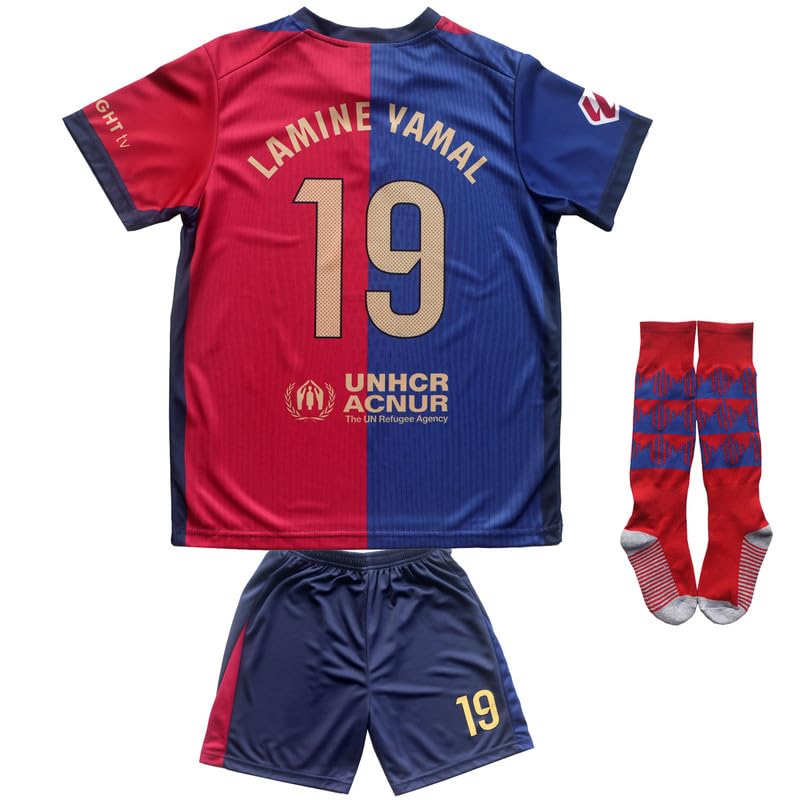 CEKFAX 2024/2025 Barca Home #19 Lamine Yamal Football Soccer Kids Jersey Shorts Socks Set Youth Sizes (Navy,16)