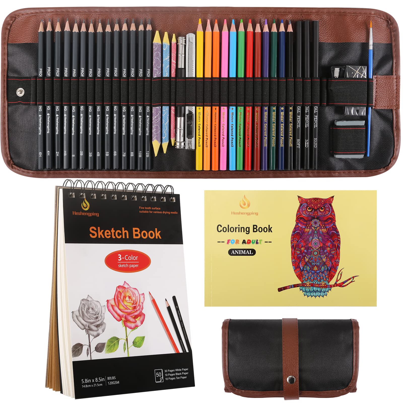 Heshengping, 41pcs Sketching Pencil Set Drawing Sketch Kit Graphite Pencils Charcoal Pencils Watercolor Pencils Blending Stumps 50page sketchbook, coloring book, Beginners Artist Teens and Adults