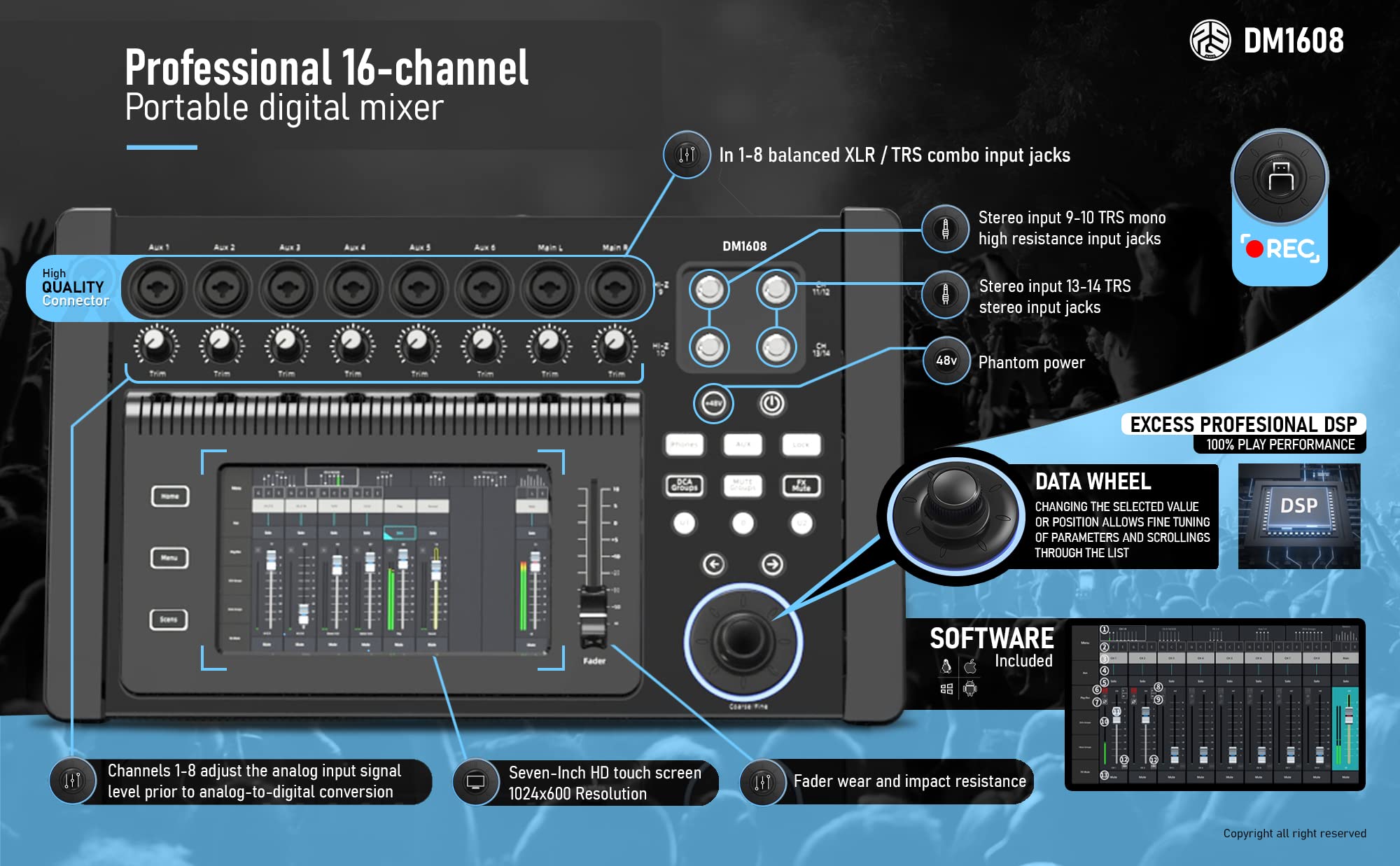 PSG AUDIO DM-1608 14-Channel 4-Aux Out Portable Touchscreen Digital Mixer App control for iPad, Android Tablet, PC, Laptop, with Integrated Wi-Fi, built-in effect engine (Designed in USA)