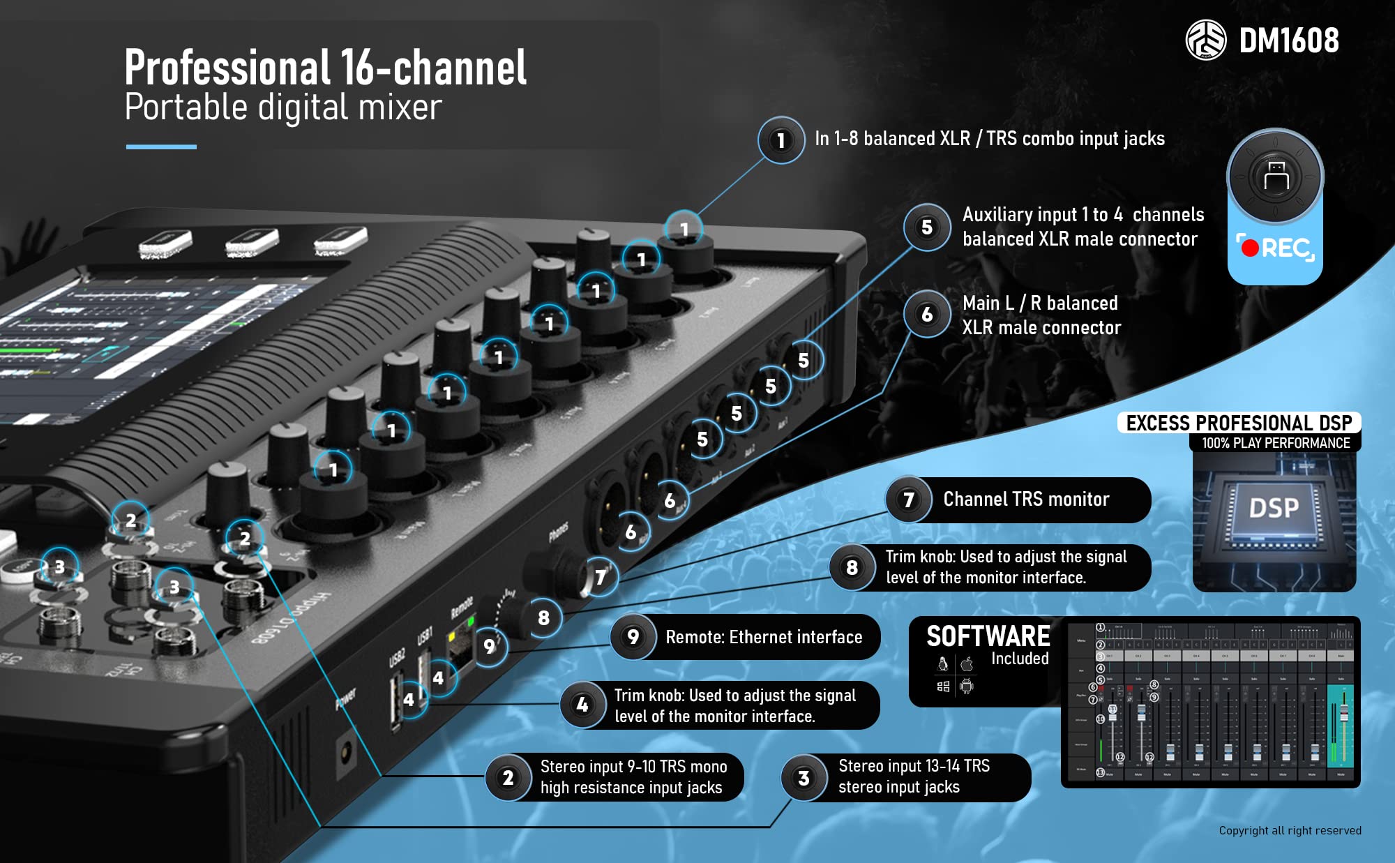 PSG AUDIO DM-1608 14-Channel 4-Aux Out Portable Touchscreen Digital Mixer App control for iPad, Android Tablet, PC, Laptop, with Integrated Wi-Fi, built-in effect engine (Designed in USA)
