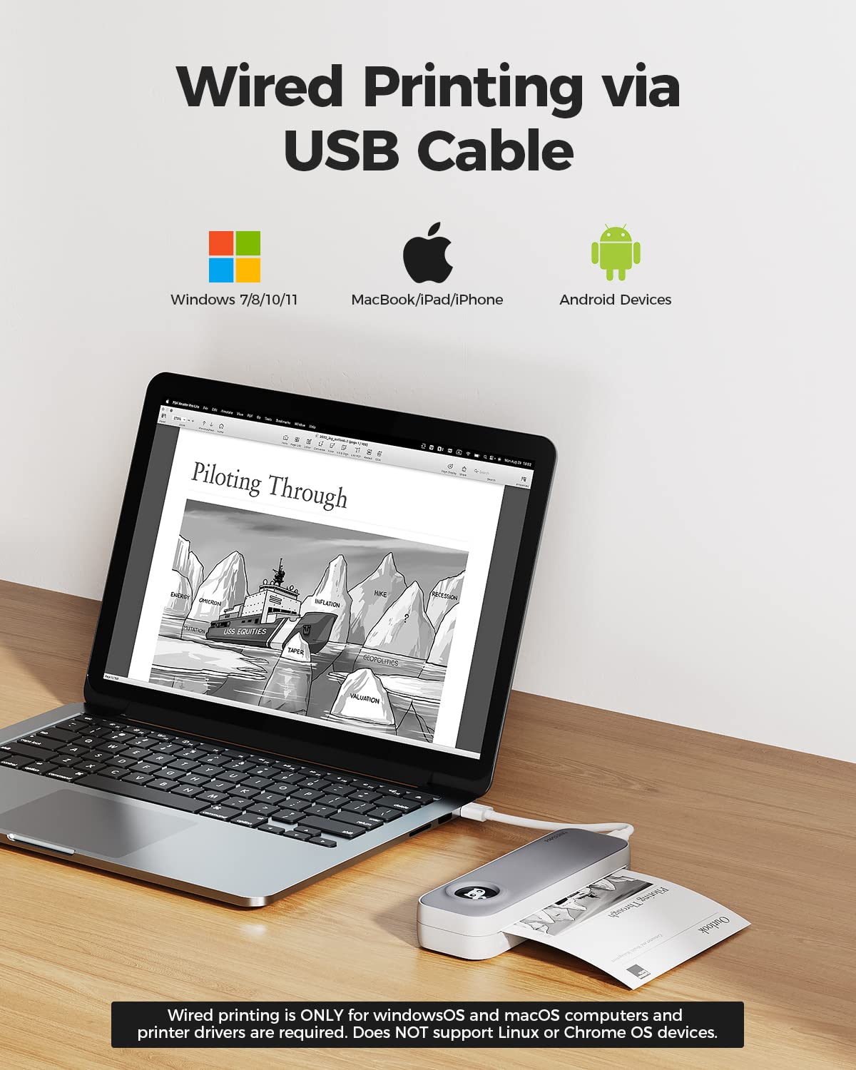 paperang Portable Thermal Printer Supports A4 Paper for Mobile Monochrome Prints, Wired Printing for Windows & macOS via USB and Wireless Printing for iOS & Android Devices via Bluetooth