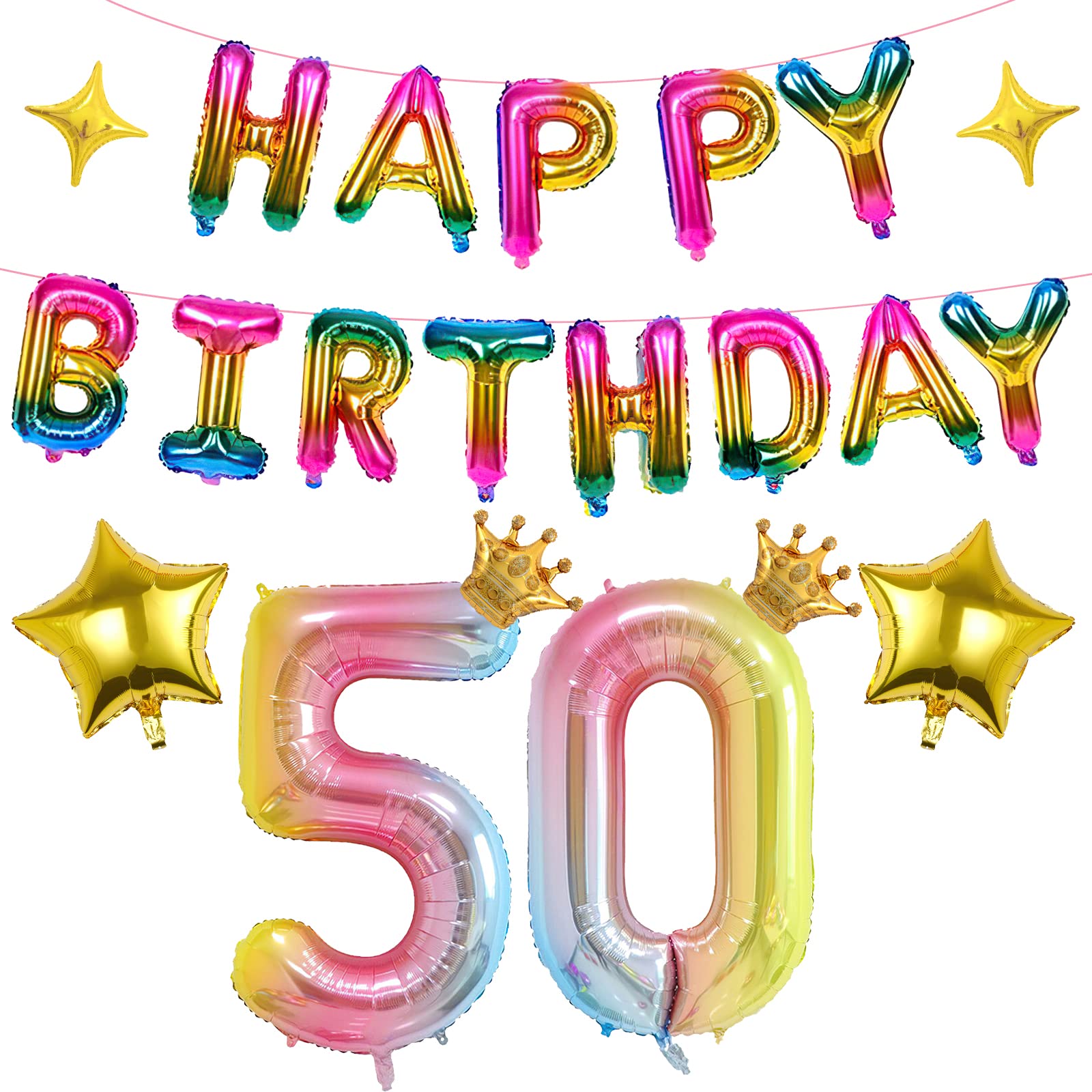 18Pcs Gradient Happy Birthday Balloons Banner, 16 Inch Mylar Foil Letters Birthday Sign Banner Gradient Happy Birthday Party decorations for Girls Kids Baby Shower Party Supplies (50th)