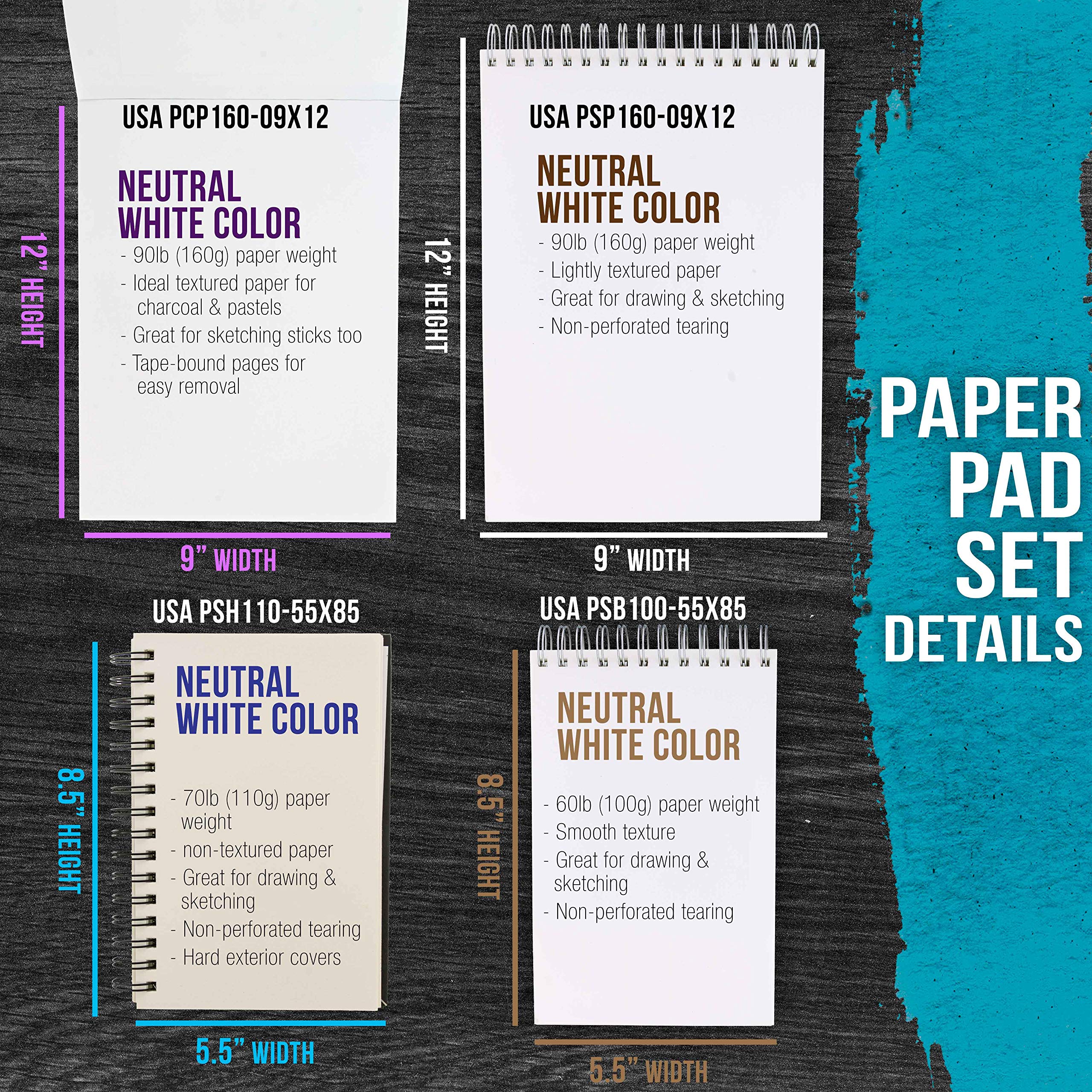U.S. Art Supply Set of 4 Different Stylesof Sketching and Drawing Paper Pads (242 Sheets Total) - 2 Each 5.5" x 8.5" and 9" x 12" Premium Spiral Bound Sketch, Draw, Charcoal Pencil, Mixed Media Pads