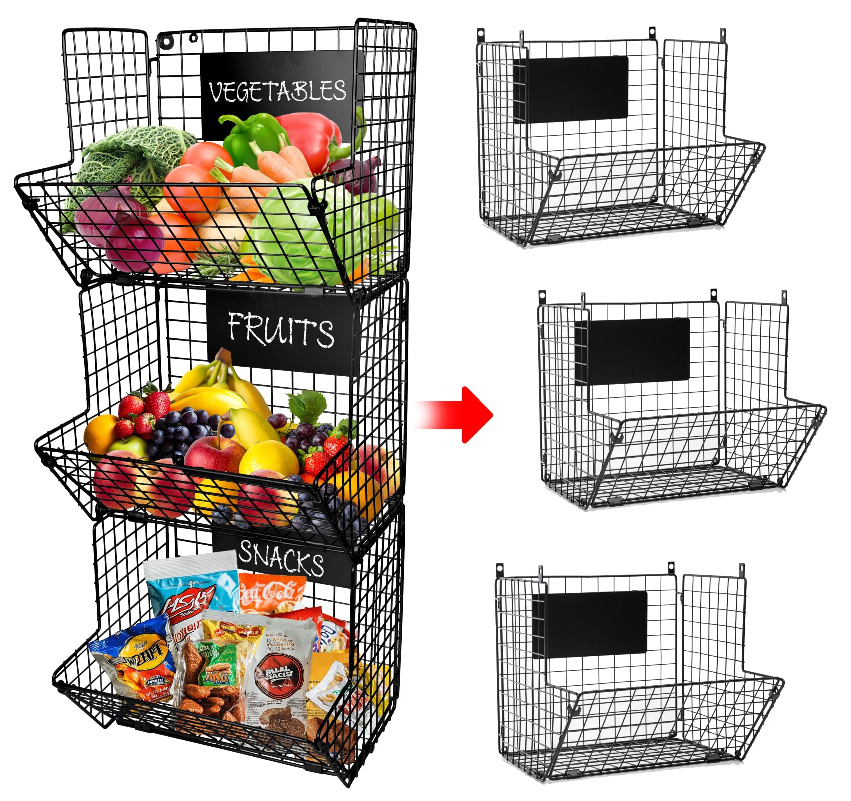 Culinary Couture 3-Tier Wire Hanging Basket for Organizing, Heavy-Duty Hanging Wall Baskets for Storage with Adjustable Chalkboards & S-Hooks, Minimalist Hanging Fruit Basket for Kitchen, Black