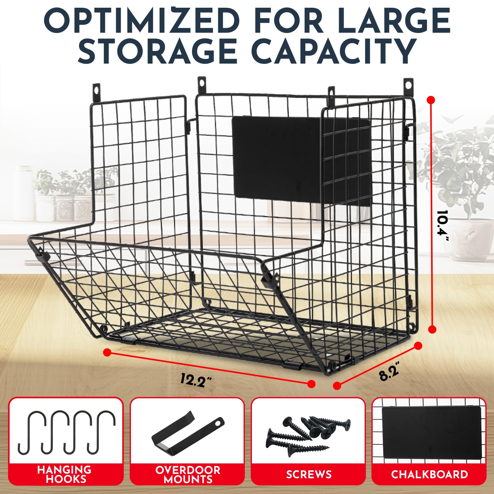 Culinary Couture 3-Tier Wire Hanging Basket for Organizing, Heavy-Duty Hanging Wall Baskets for Storage with Adjustable Chalkboards & S-Hooks, Minimalist Hanging Fruit Basket for Kitchen, Black