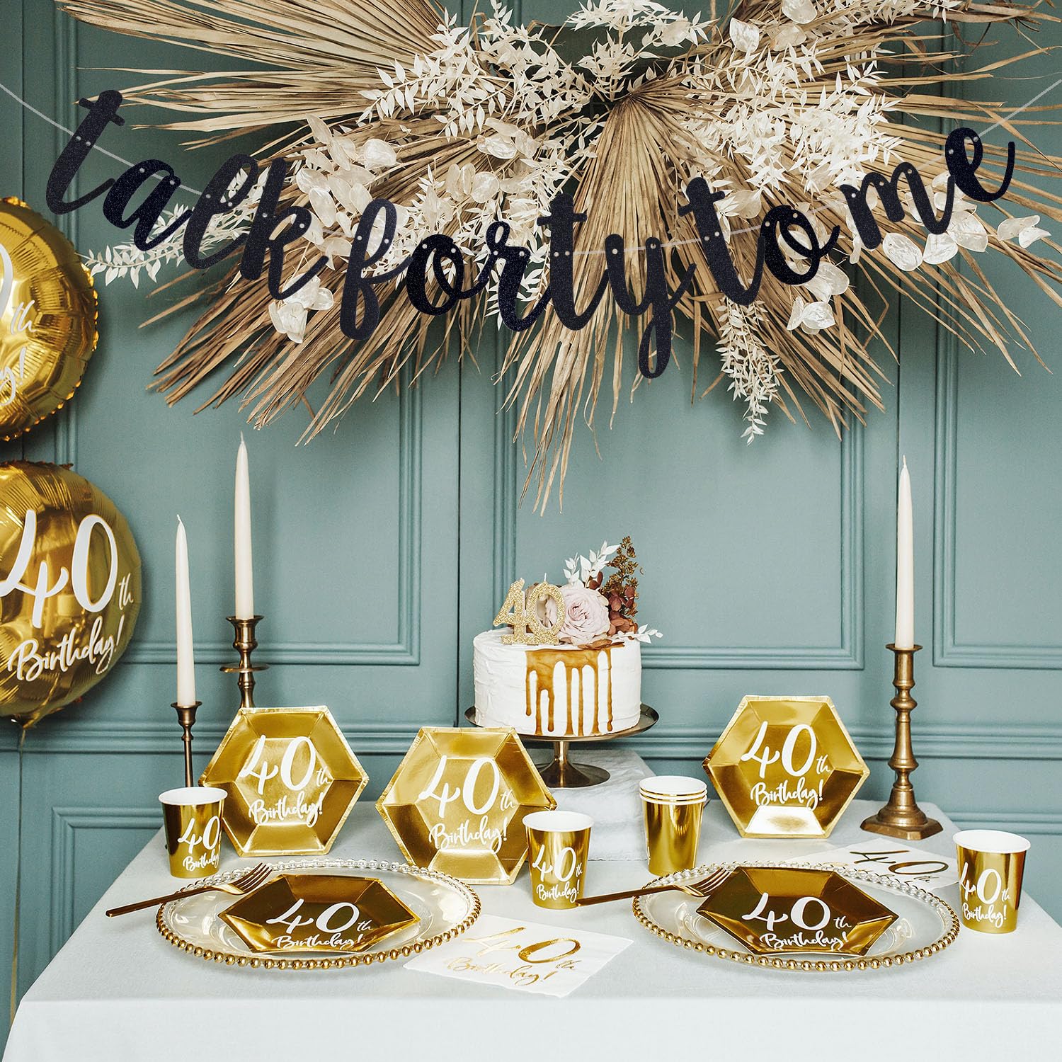 MJJLT Talk Forty to Me Banner, 40th Birthday Party Decorations Fun Gold Gliter Paper Sign,40th Marriage Anniversary Party Decorations Black