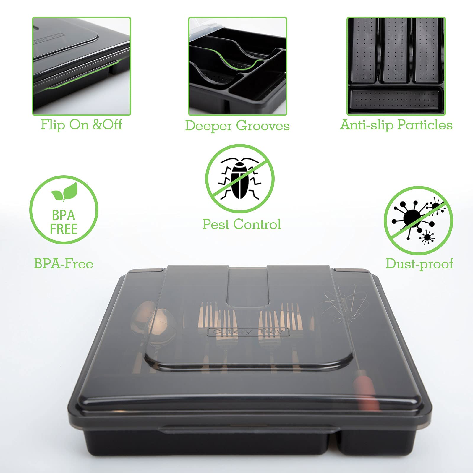 SUICGYU Silverware Organizer with Lid for Drawer, Plastic Utensil Holder for Countertop, Flatware Storage Cutlery Tray with Cover 5 Compartments,Black