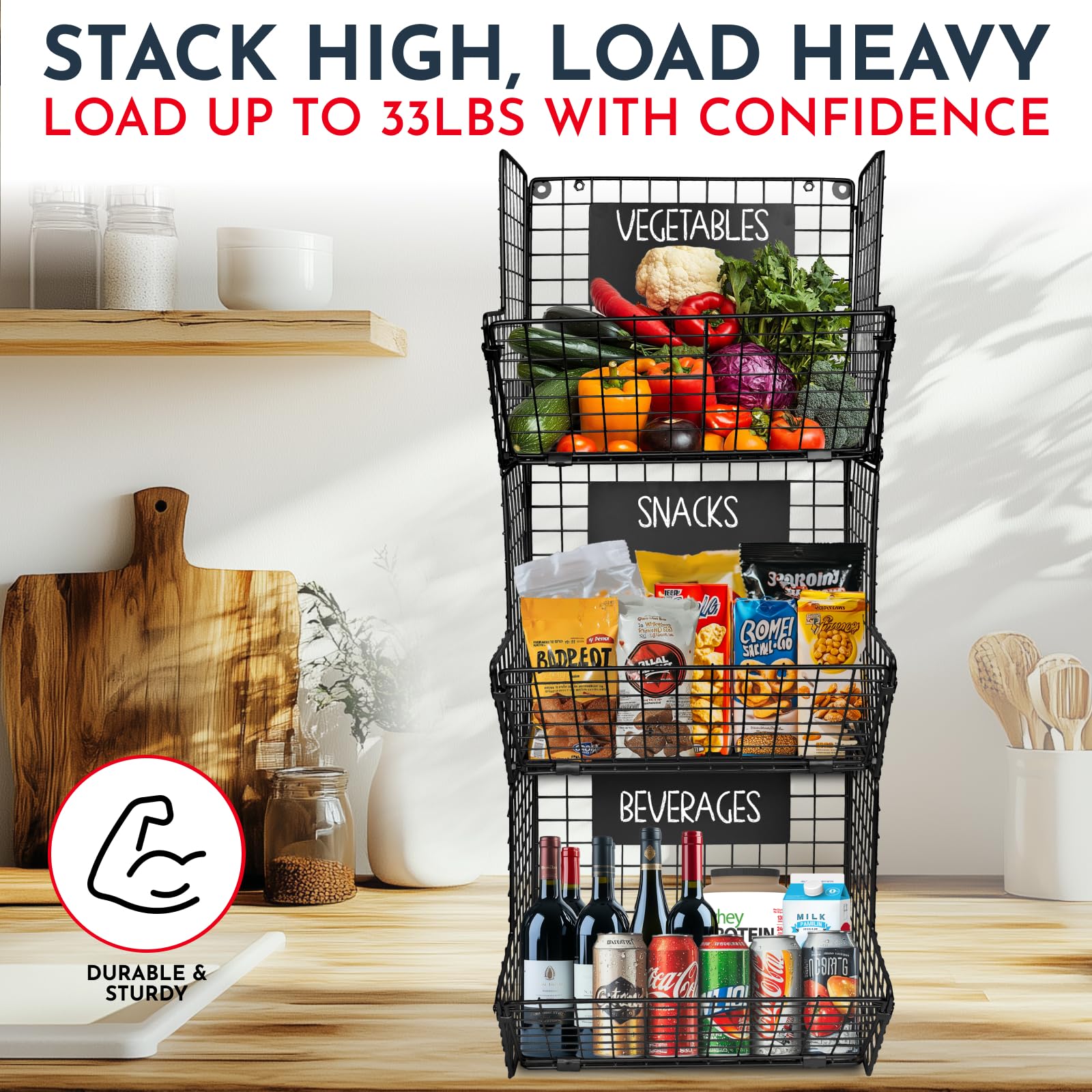 Culinary Couture 3-Tier Wire Hanging Basket for Organizing, Heavy-Duty Hanging Wall Baskets for Storage with Adjustable Chalkboards & S-Hooks, Minimalist Hanging Fruit Basket for Kitchen, Black