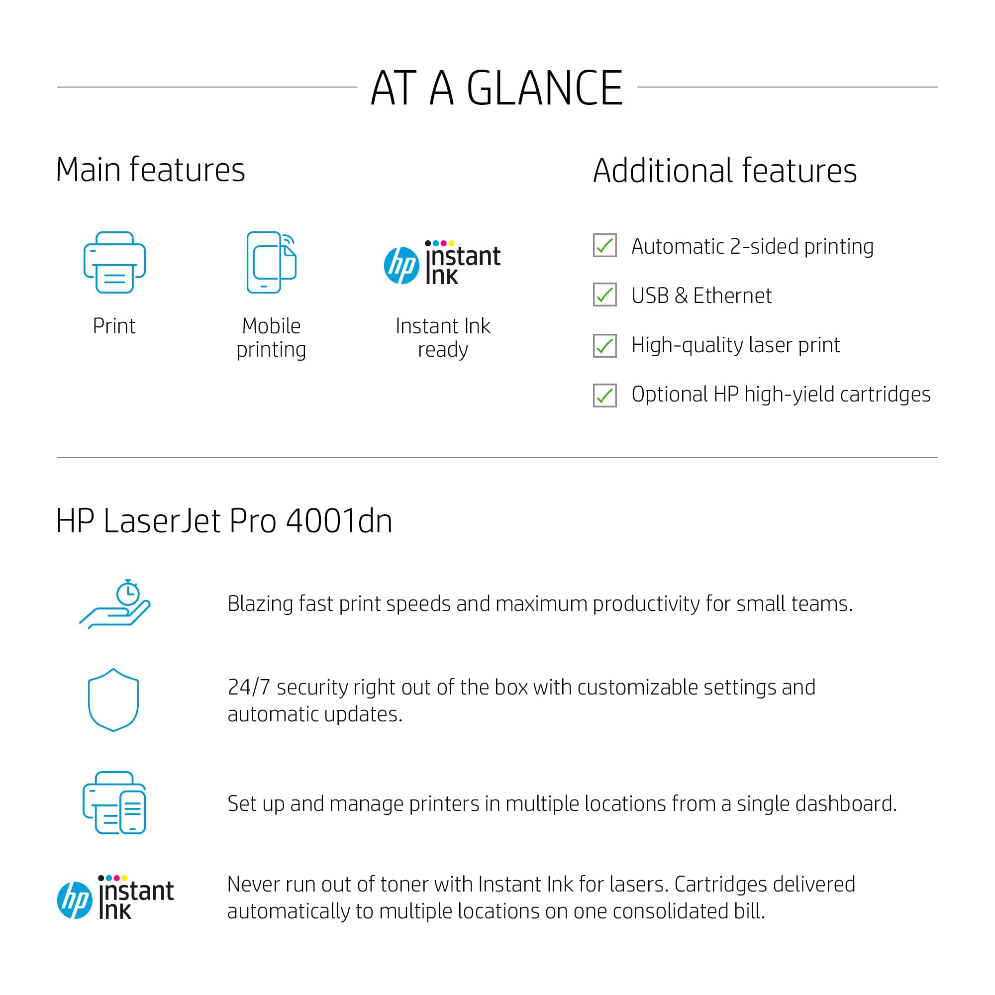 HP Laserjet Pro 4001dn Single-Function Monochrome Laser Printer, White - Print only - Mobile Printing, 42 ppm, 1200 x 1200 dpi, Auto 2-Sided Printing, 8.5 x 14, Ethernet, Hi-Speed USB