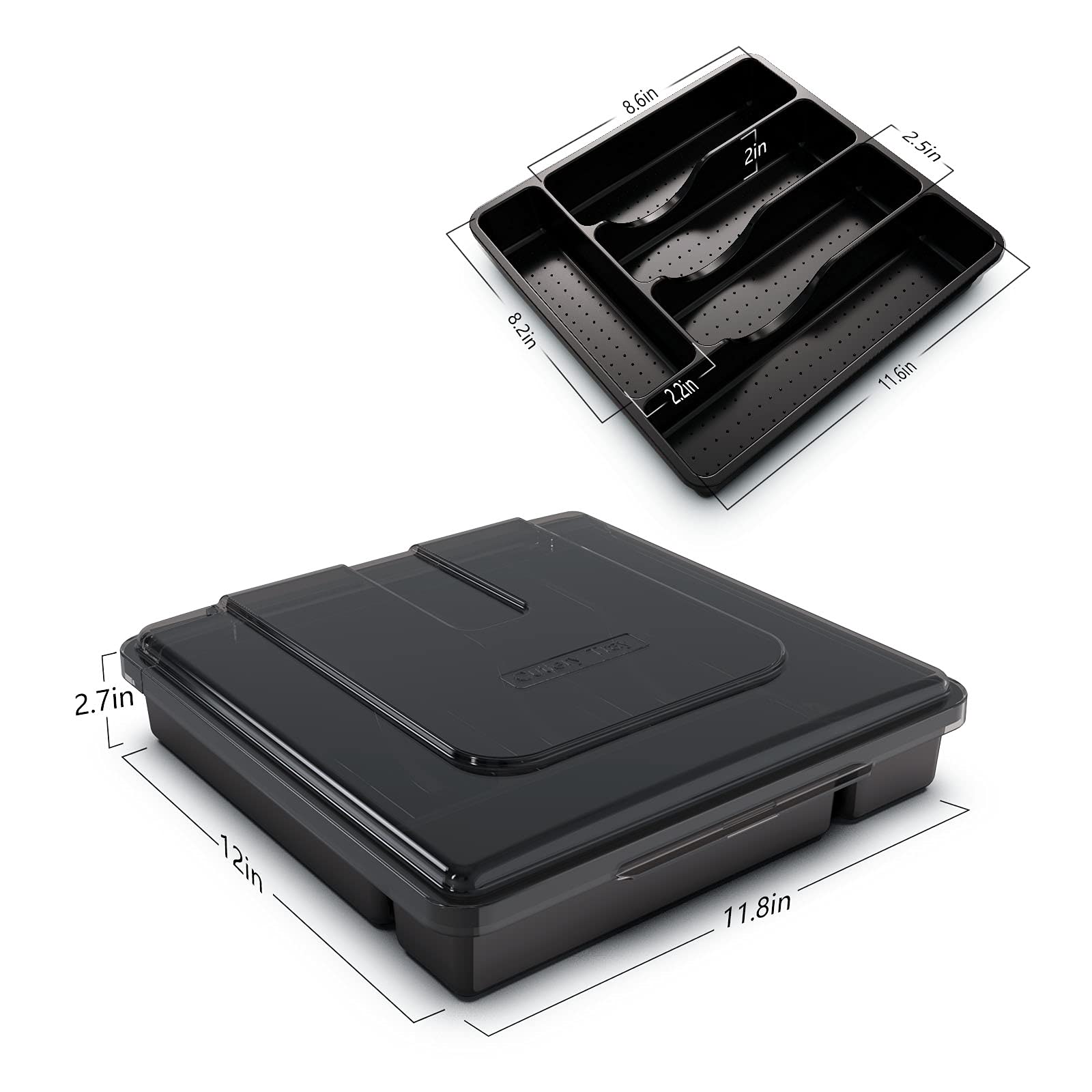 SUICGYU Silverware Organizer with Lid for Drawer, Plastic Utensil Holder for Countertop, Flatware Storage Cutlery Tray with Cover 5 Compartments,Black