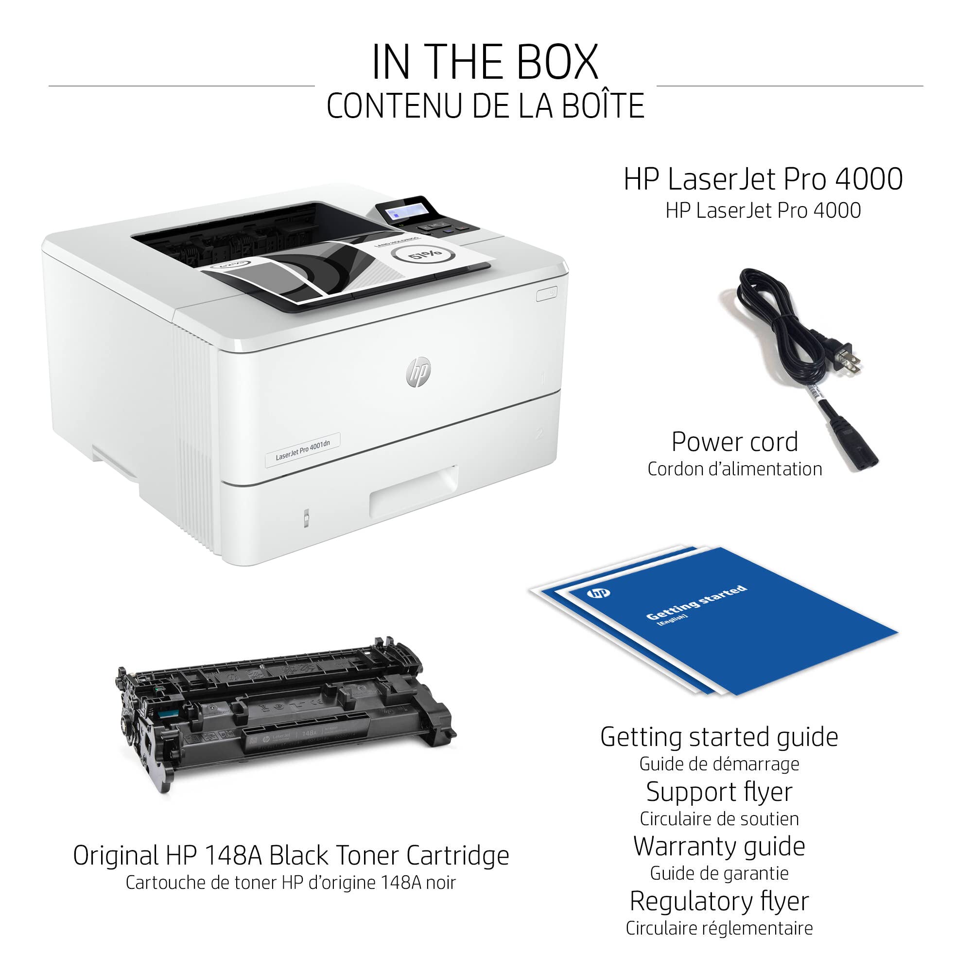 HP Laserjet Pro 4001dn Single-Function Monochrome Laser Printer, White - Print only - Mobile Printing, 42 ppm, 1200 x 1200 dpi, Auto 2-Sided Printing, 8.5 x 14, Ethernet, Hi-Speed USB