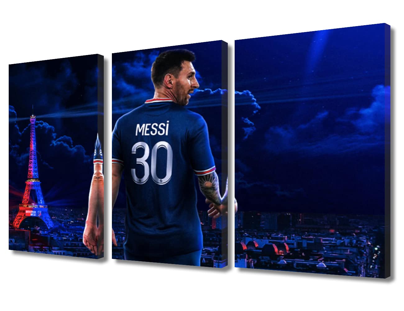 TISHIRON Soccer Superstar Messi PSG Poster Canvas Wall Art Decorative Paintings Sports Theme Design 3 Piece Home Decor Modern Aesthetics Bedroom Gym Decoration Framed Ready to Hang 36x24 in