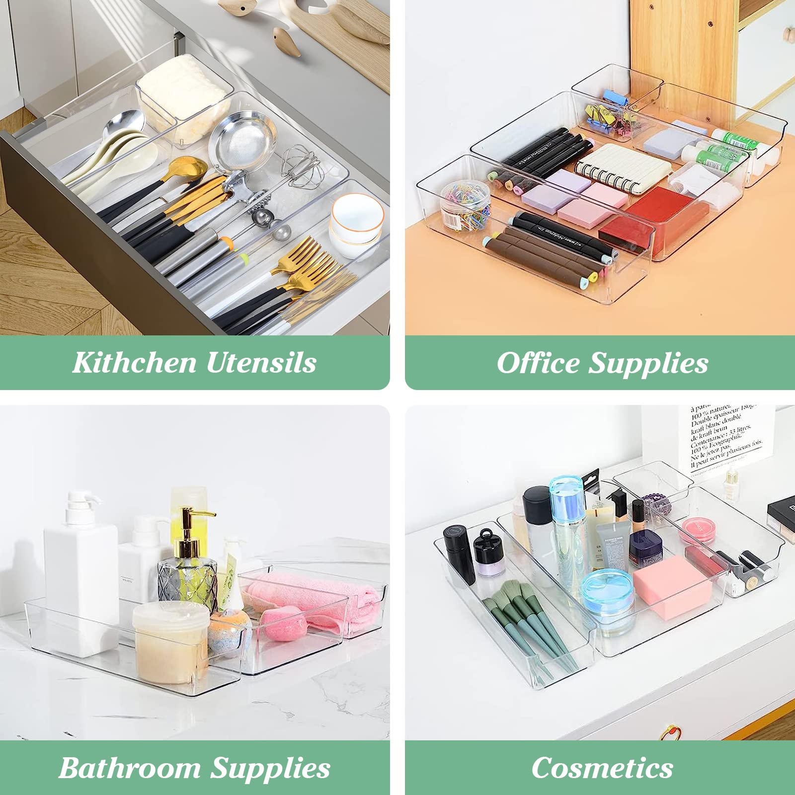 Homzing 4PCS Clear Kitchen Drawer Organizer Set, Silverware Drawer Organizer, Non-Slip Drawer Organizer Trays Dividers for Kitchen Utensils, Bathroom, Bedroom, Office, Makeup Storage