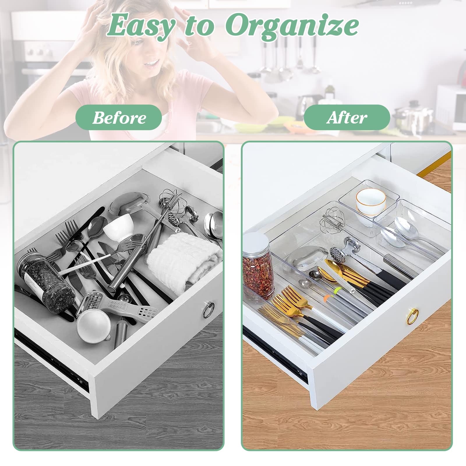 Homzing 4PCS Clear Kitchen Drawer Organizer Set, Silverware Drawer Organizer, Non-Slip Drawer Organizer Trays Dividers for Kitchen Utensils, Bathroom, Bedroom, Office, Makeup Storage