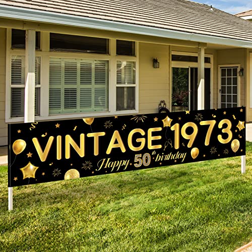 50th Birthday Banner Black Gold Vintage 1973 Party Backdrop Decoration Fifty Years Old Party Supplies Background Outdoor Indoor Yard Sign for Birthday Vintage 1973 Party Favors