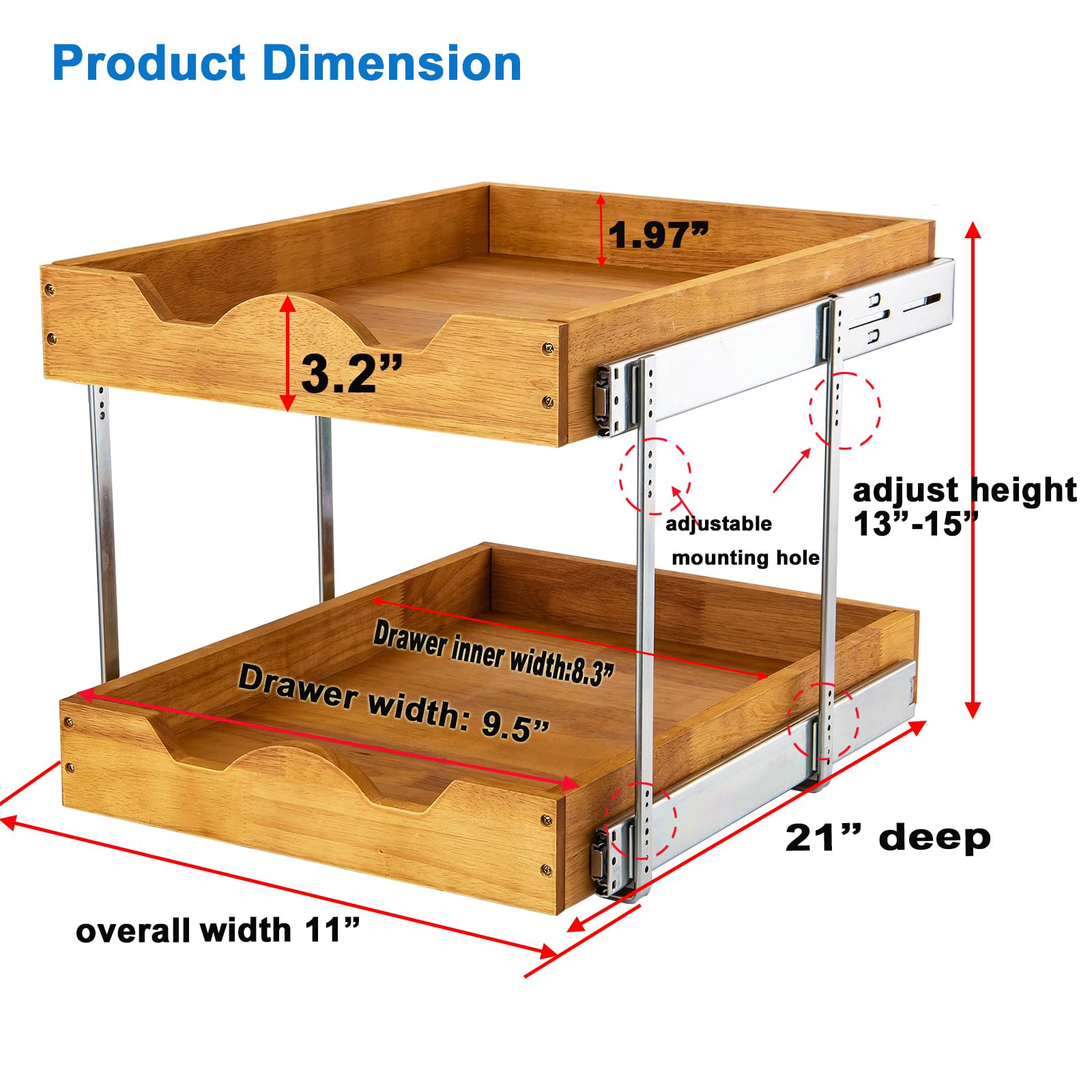 DINDON 2 Tier Pull Out Cabinet Organizer (11" W x 21" D) Double Tier Slide Out Wood Drawer Under Cabinet Storage And Organization