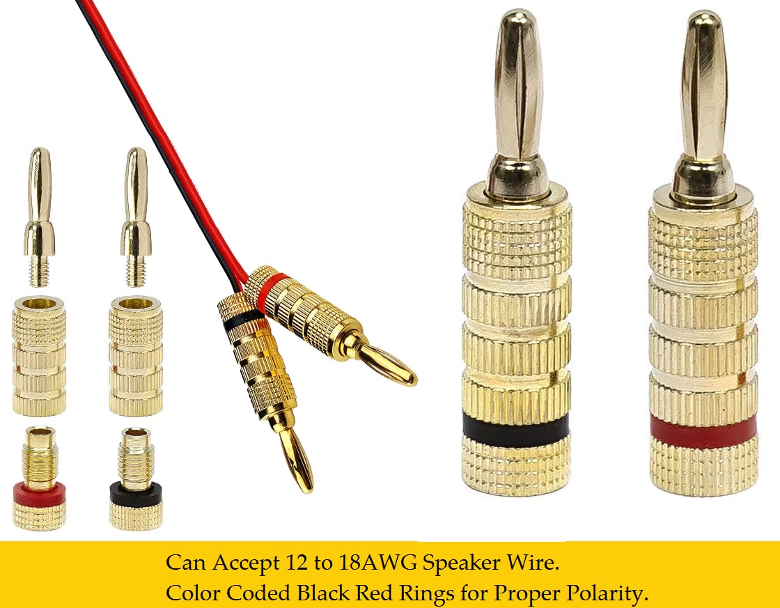 BRENDAZ Speaker Banana Plugs- Closed Screw Type 24k Gold Plated for Speaker Wire, Amplifiers and Sound Systems (5 Pair Banana Plugs) (10 psc)