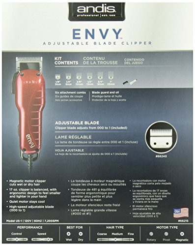 Andis 66215 Professional Envy Hair Clipper β High-Speed Adjustable Carbon-Steel Blade with Powerful Motor, 7200 Cutting Strokes Per Minute, Hanger Loop with Balanced Clipper Red & Black