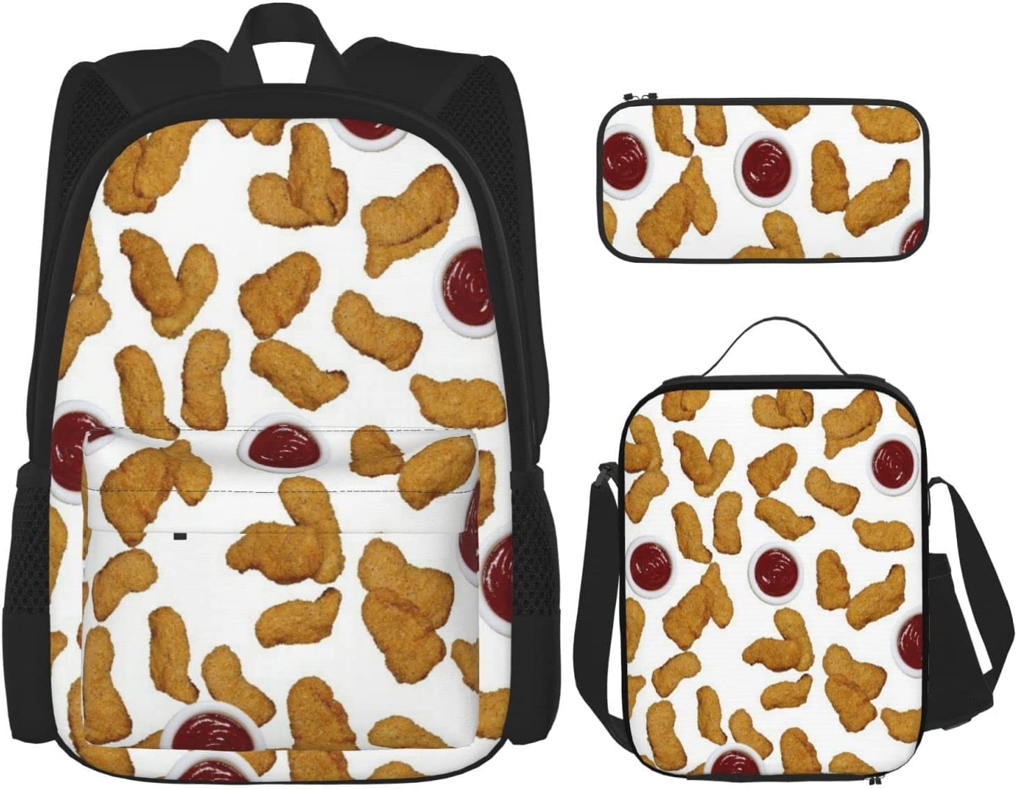 3 Piece Set Backpacks Chicken Nuggets Funny Food Fried Ketchup Pattern Backpack 3 Piece Set for Boys and Girls Cute Axolotl Fish backpack(School Bag + Pencil Case + Lunchbag Set)