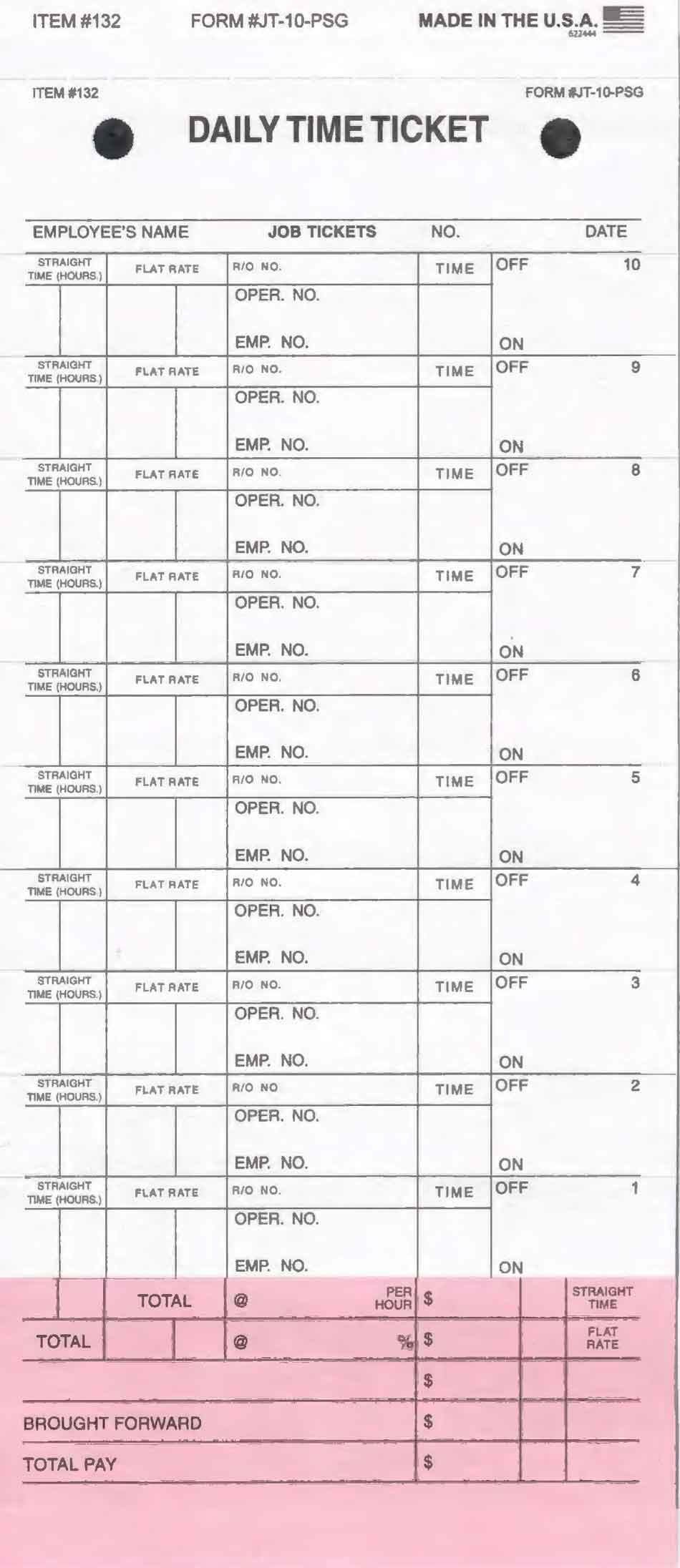 Daily Time and Job Ticket - 10 Labels per Sheet (3-Part) (Form JT-10-PSG) (500 per Box)
