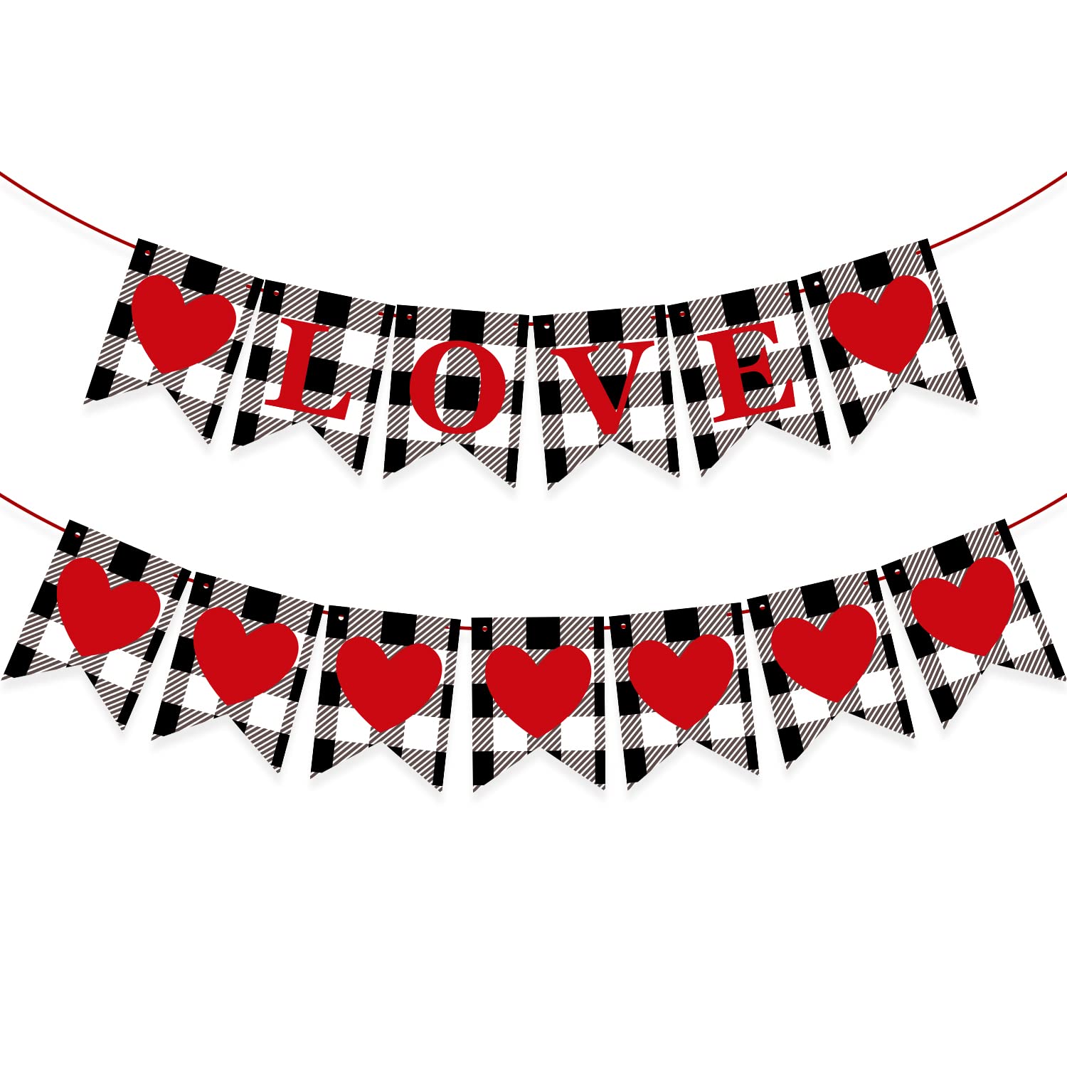 DUDOU Valentine's Day Love Banner Red Heart Buffalo Plaid Garlands Black White Hanging Bunting Sign Home Mantel Party Decorations