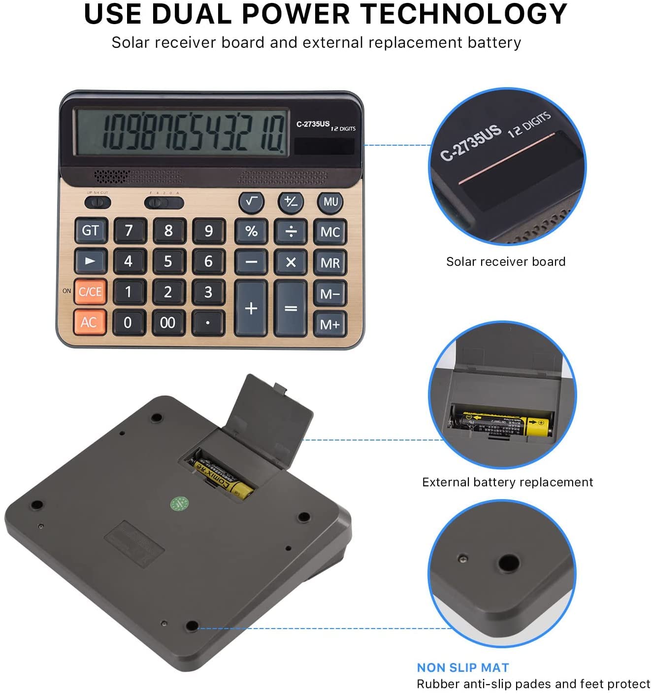 Calculator, Solar Battery Calculator Dual Power Large Standard Function Desktop Business Calculators, 12-Digit LCD Display Big Number Electronics Calculator for Office Finance School Student