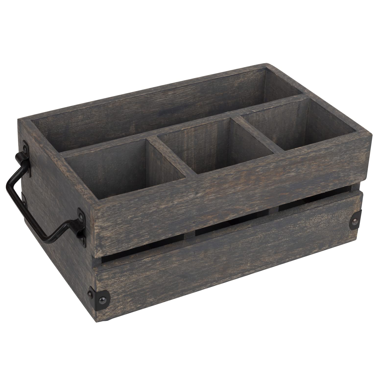 GoCraft Flatware Caddy with 4 Compartments, Cutlery Holder, Silverware Condiment Organizer with Napkin Holder for Kitchen, Dining, Picnics, Grey Washed Mango Wood Caddy with Metal Handles