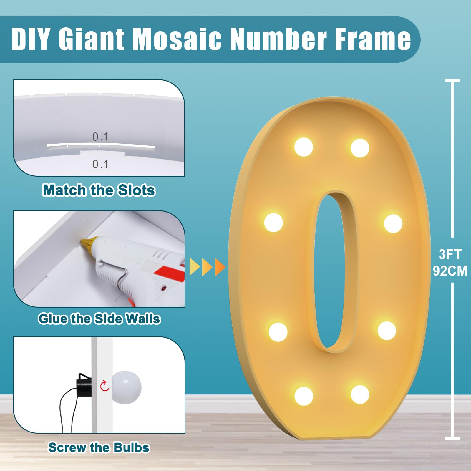 Tongjoy 3FT Light up Numbers 0, Marquee Numbers, Mosaic Numbers for Balloons, Pre-Cut Foam Board Kit for 30th 40th 50th Birthday Party Decor, Marquee Light up Letters, Kids' Mosaic Kits