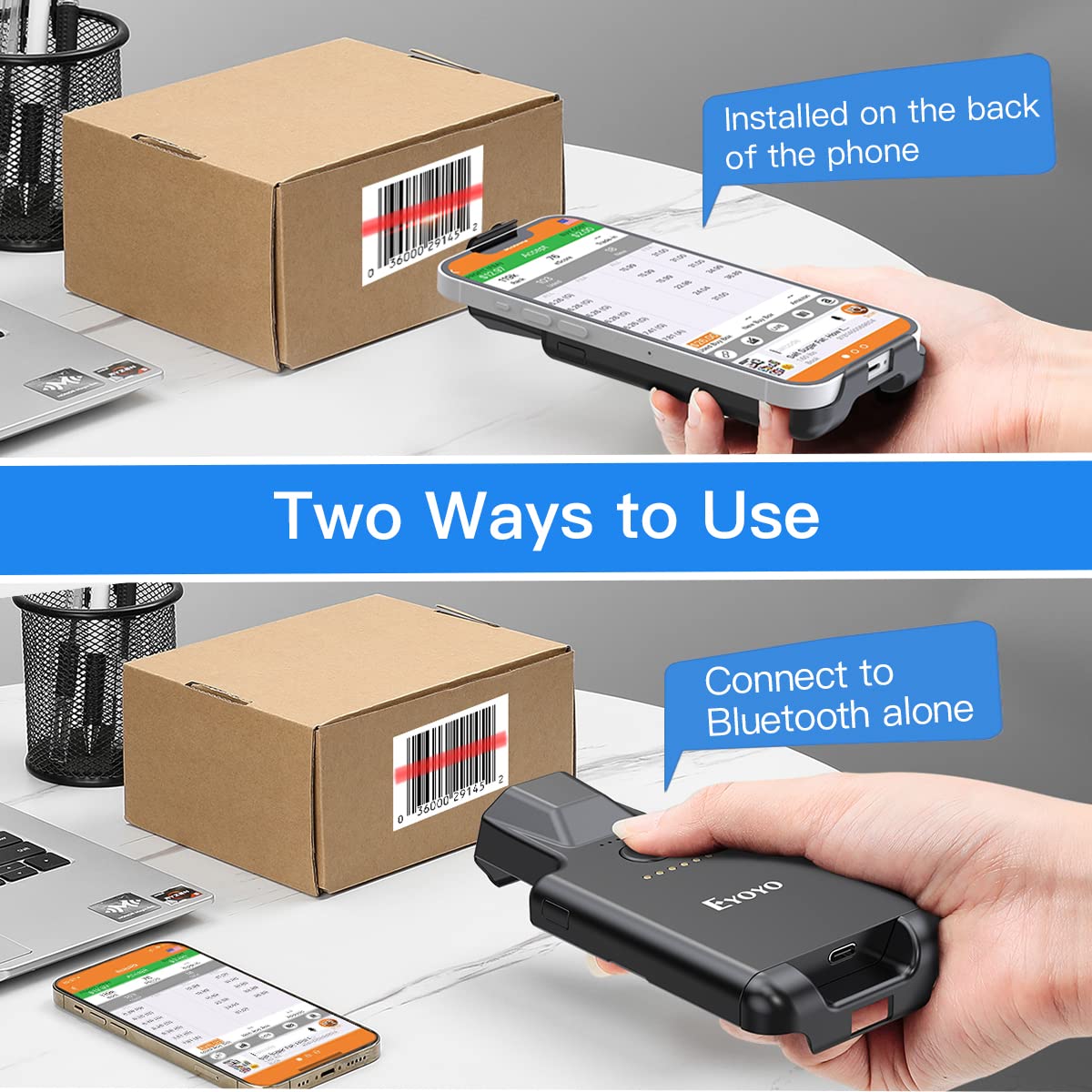Upgraded Eyoyo QR Code Scanner Bluetooth Android Barcode Scanner, Portable Back Clip Wireless 1D 2D UPC ISBN Inventory Barcode Reader PDF417 Data Matrix Code Compatible with iPhone, Android Phone