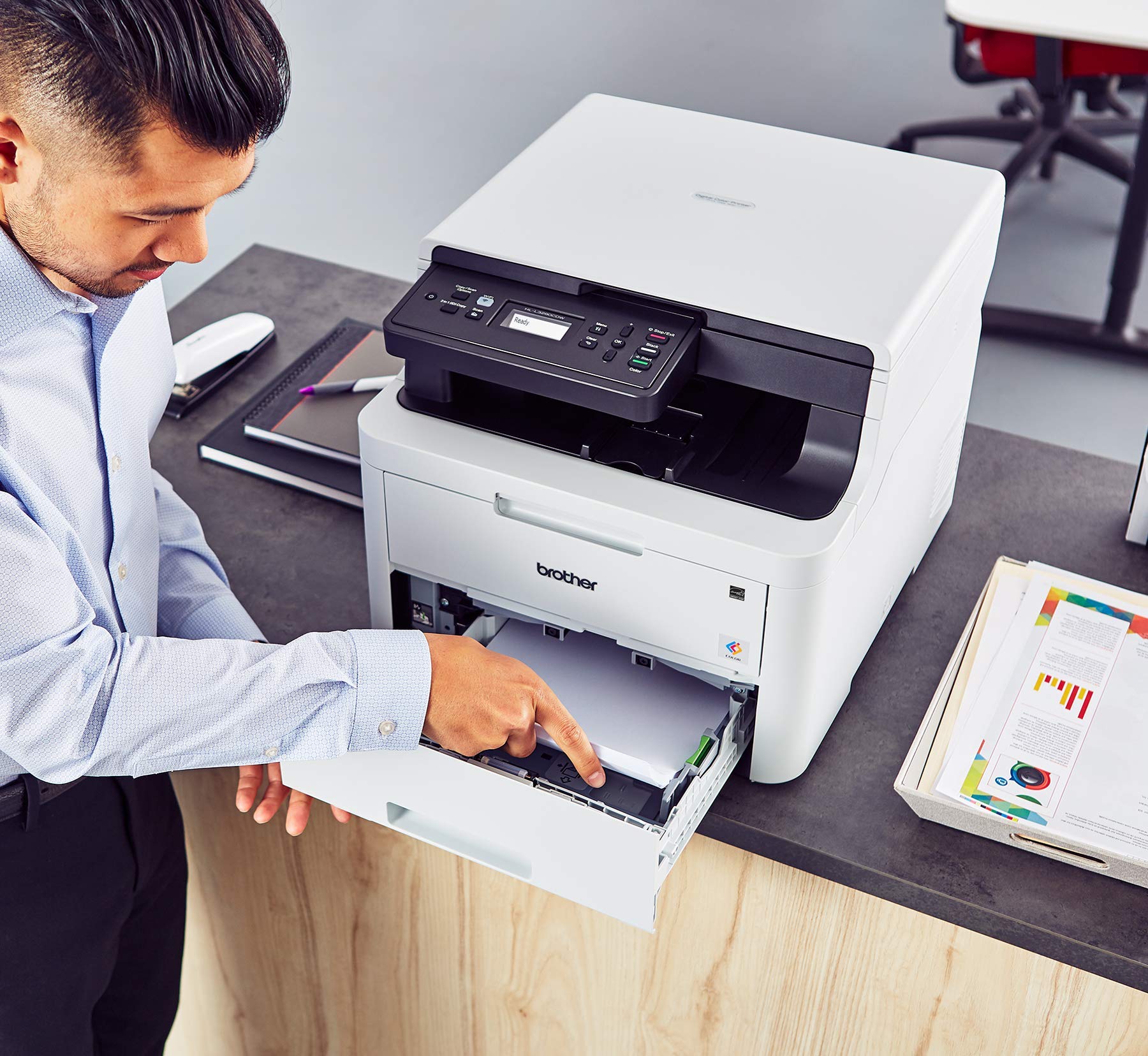 Brother HL-L3290CDW Wireless Compact Digital Color Laser All-in-One Printer, Print Scan Copy, Duplex Printing- 600 x 2400 dpi, 25ppm, 250-sheet, Works with Alexa - Bundle with JAWFOAL Printer Cable.