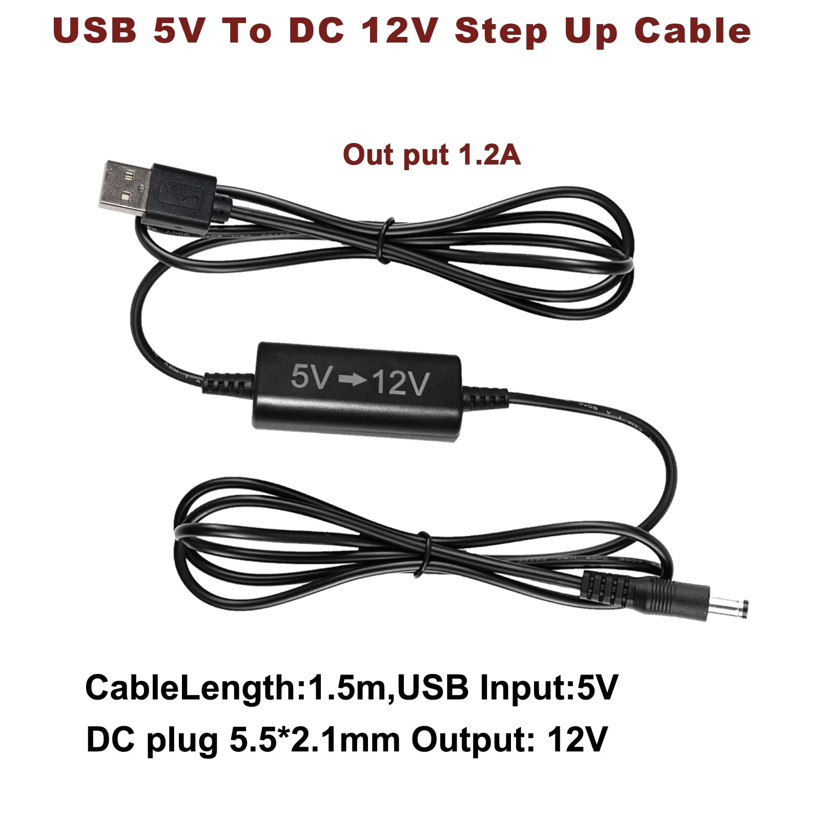 QIUCABLE 5V to 12V DC Converter, 5V USB to 12V DC Step Up Cable - 5FT 1.2A Boost Voltage Transformer, Compatible with Power Bank/CCTV System/Monitor/Camera/Speakers