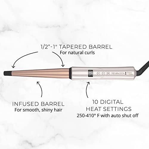 REMINGTON Shine Therapy Argan Oil & Keratin Infused ½-1 Inch Tapered Curling Wand for Natural Curls, Includes Heat Glove
