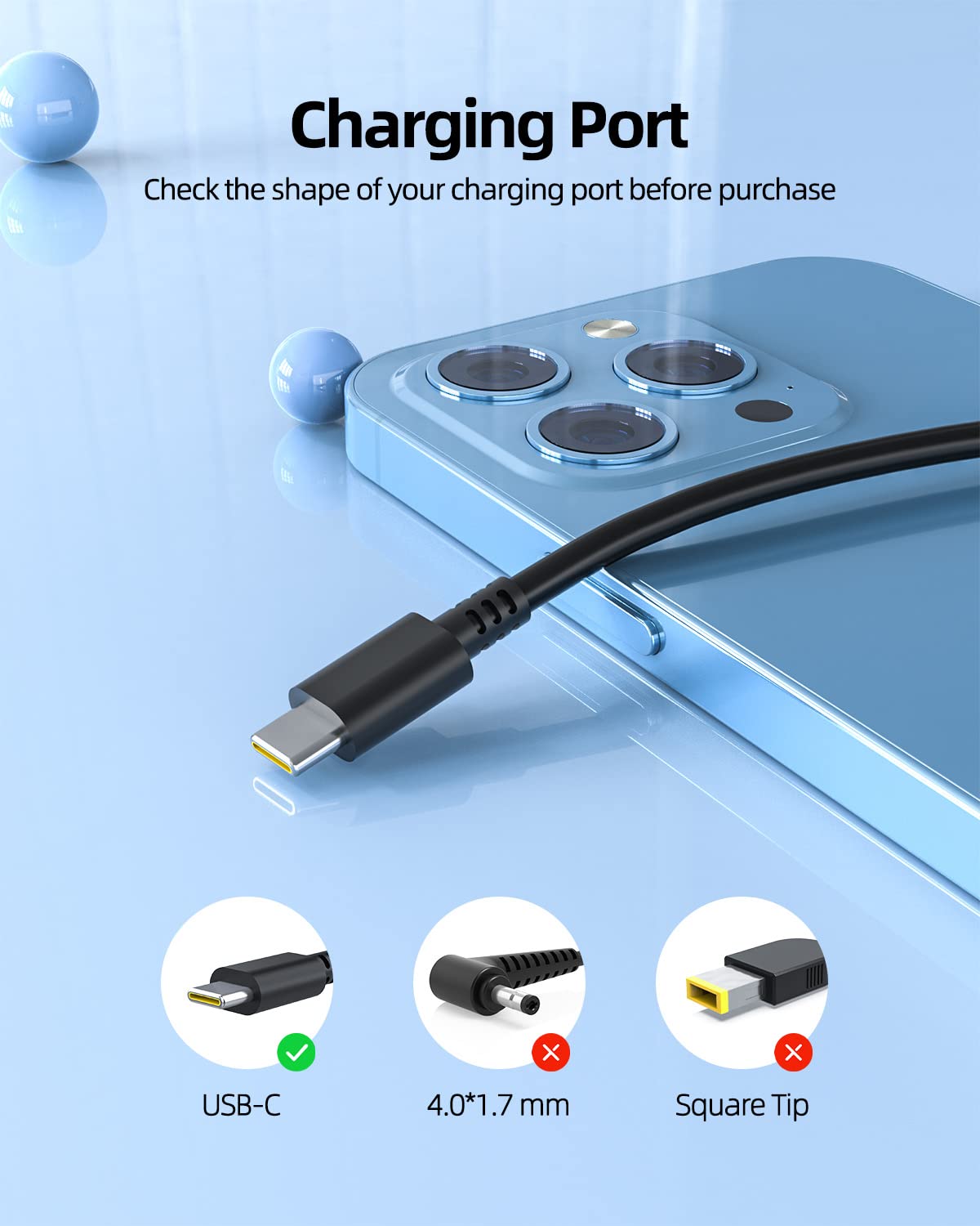65W USB-C Fast Charger Fit for Lenovo ideapad Yoga 7i 9i Laptop, Extended Cable, (UL Safety Certified)