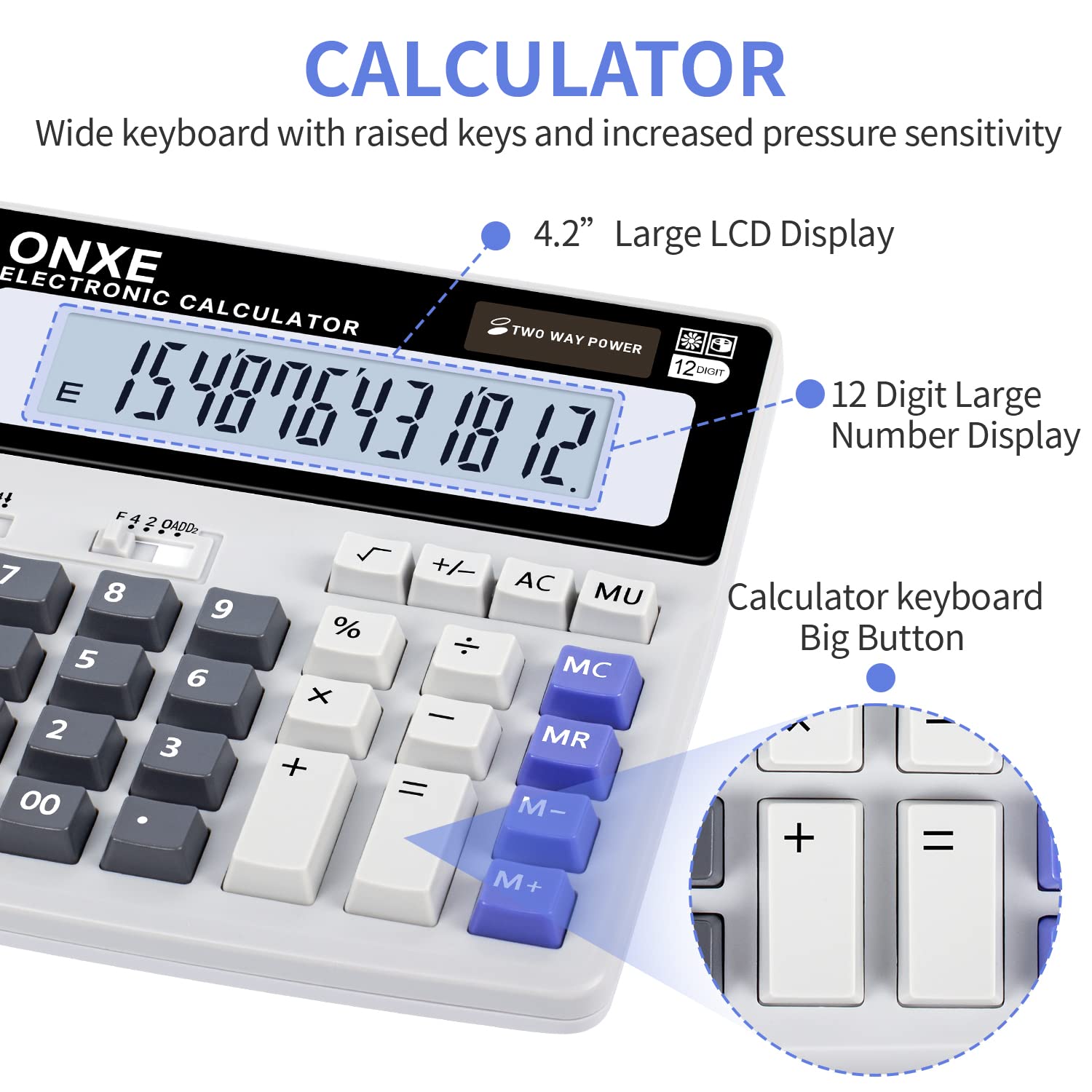 Calculator,ONXE Standard Basic 4 Function Desk Calculator, Dual Power, Big Button 12 Digit Large LCD Display,Desktop Calculators for Office School Financial Accounting Business (White)