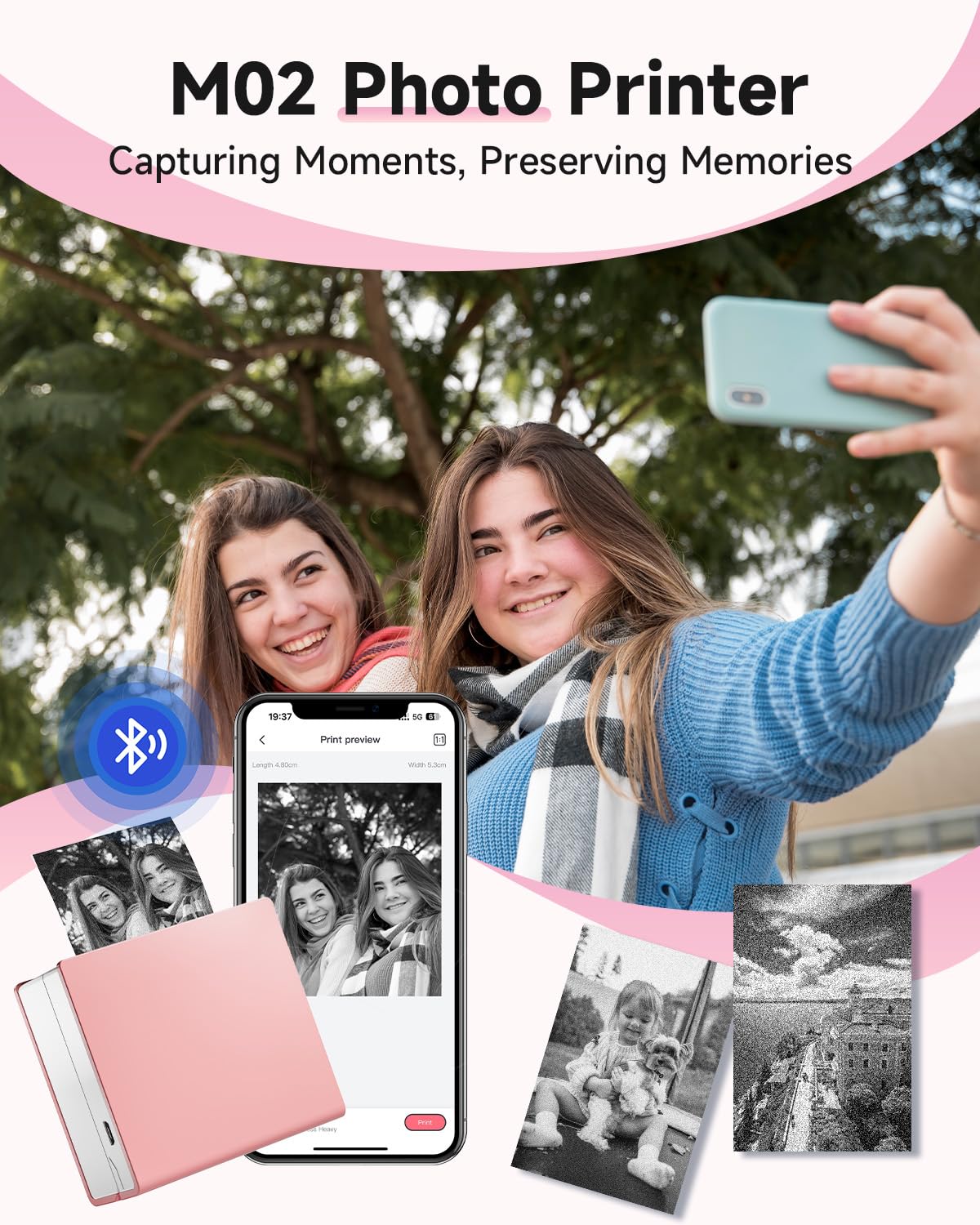 Memoking Inkless Bluetooth Printer Wireless - 2" Thermal Mini Printer Portable Photo Printer - M02 Sticker Printer Machine for Pad&Phone, HD Mini Sticker Maker Machine Printer for Memos,Sticker,Photos
