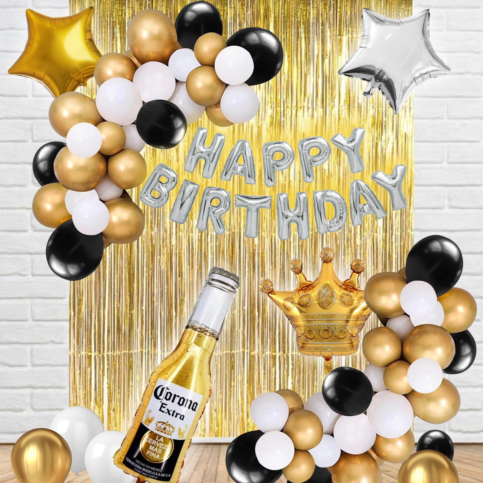 Golden Birthday Decorations Kit for Women 66 Pieces, Happy Birthday Banner, Fringe Curtains, Foil Balloons for 13th 16th 20th 21st 30th 35th 50th 60th Girls Boys Party Supplies