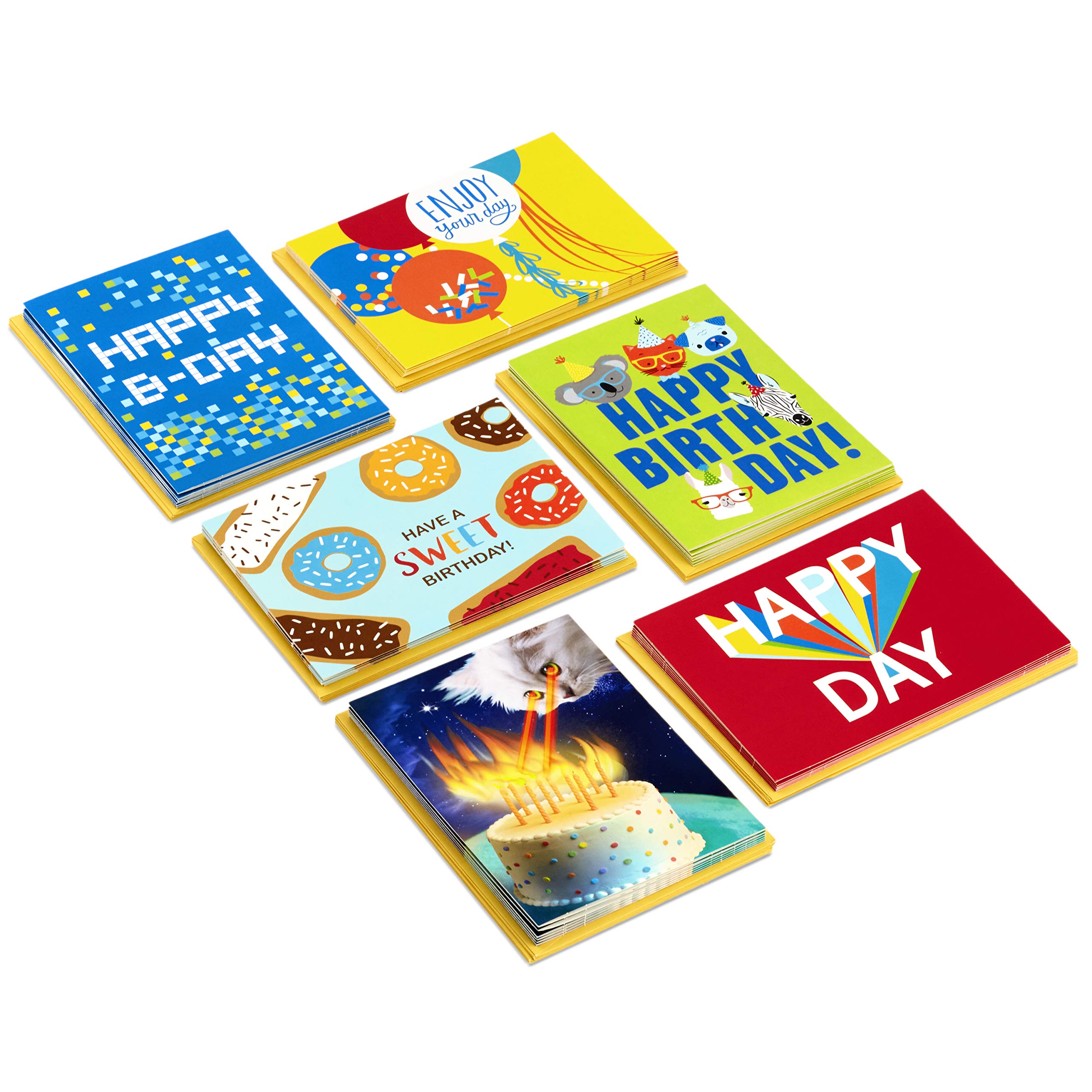 Hallmark Birthday Cards Assortment, 36 Cards with Envelopes (Cats, Lasers, Llamas, Donuts)