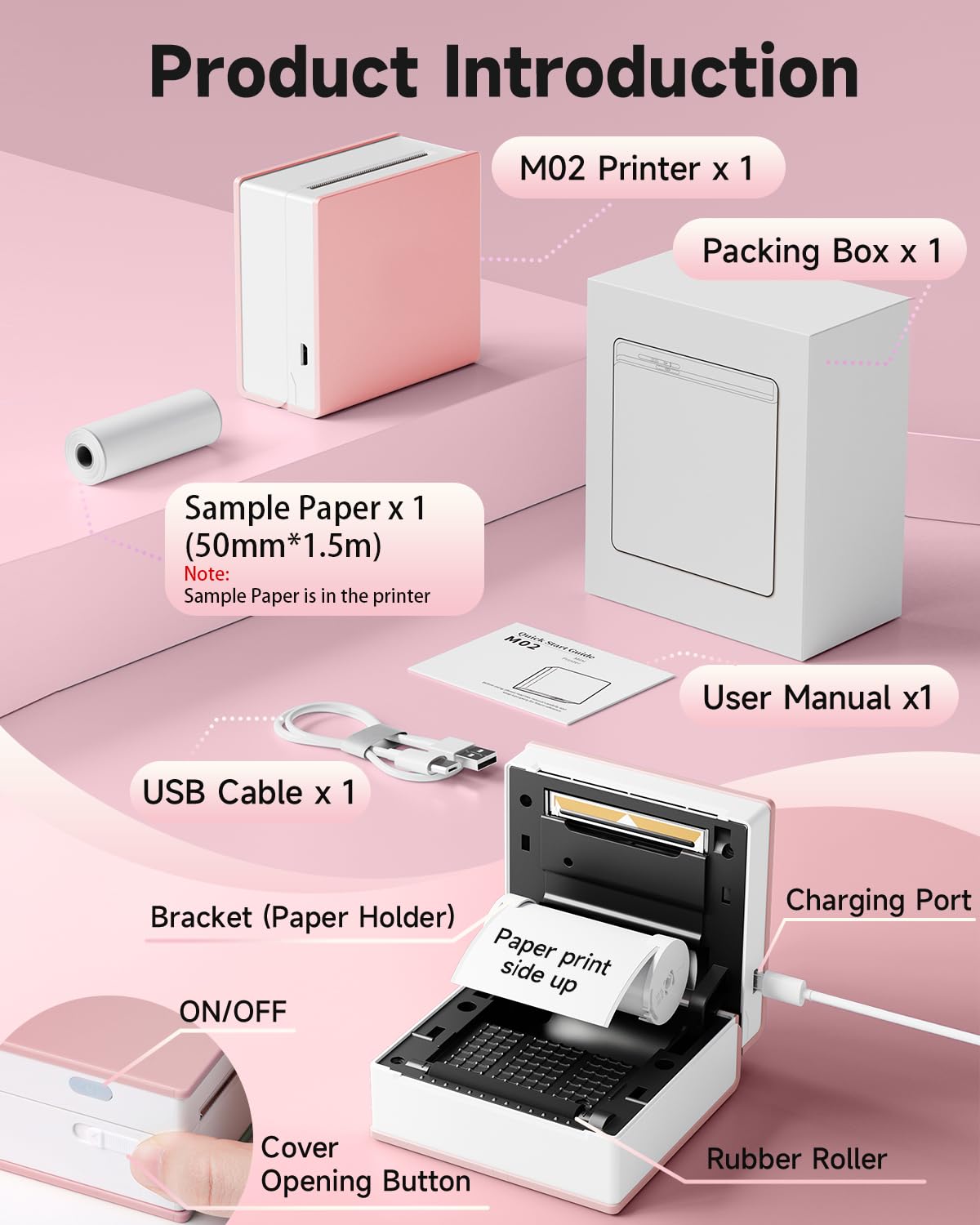 Memoking Inkless Bluetooth Printer Wireless - 2" Thermal Mini Printer Portable Photo Printer - M02 Sticker Printer Machine for Pad&Phone, HD Mini Sticker Maker Machine Printer for Memos,Sticker,Photos
