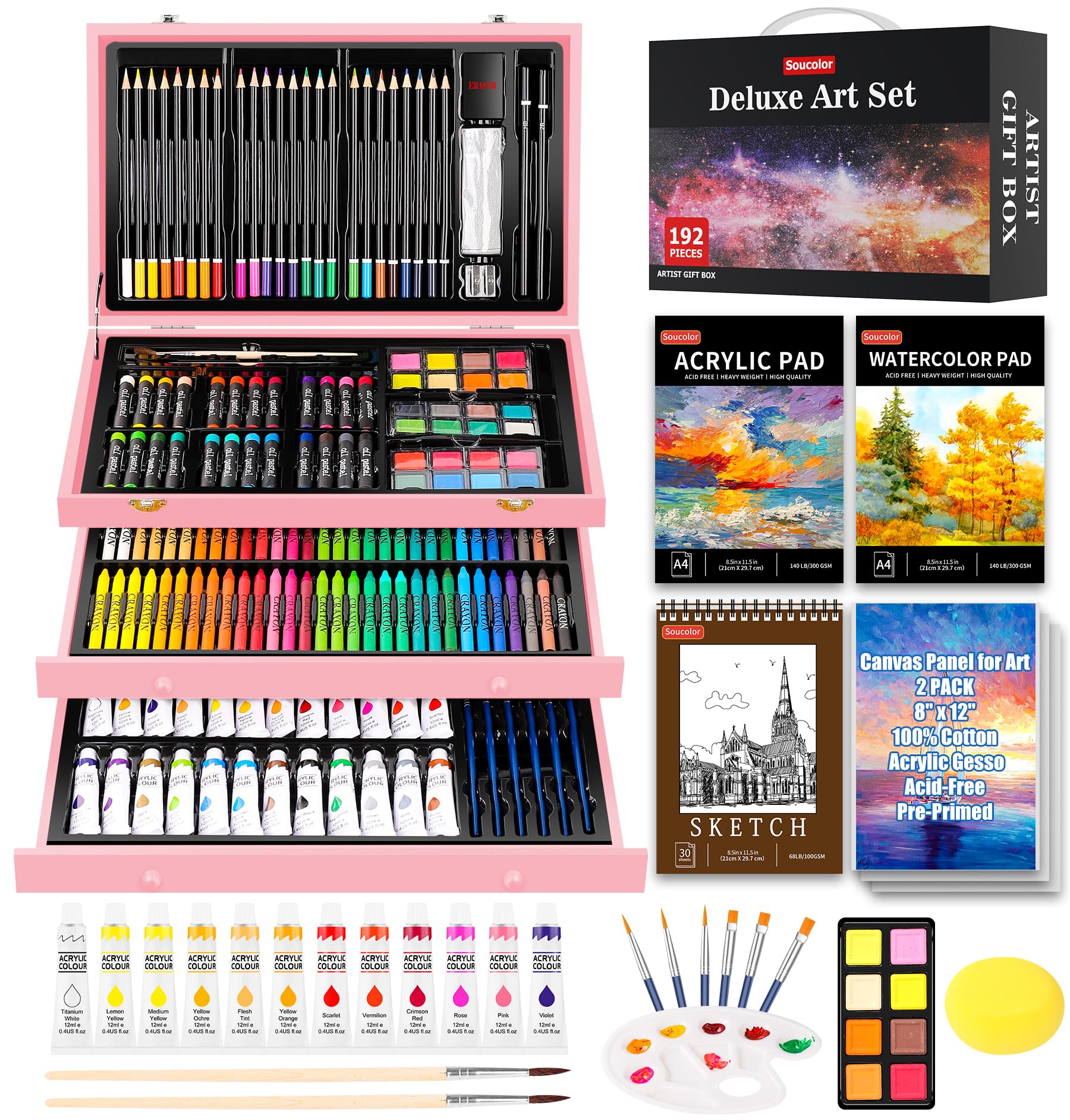 Soucolor Art Kits Art Sets Gifts for Women Teens Girls Kids, Aesthetic Cute Preppy Stuff School Supplies, 192-Pack Deluxe Drawing Supplies, Acrylic Pad, Watercolor and Sketch Book, Canvases