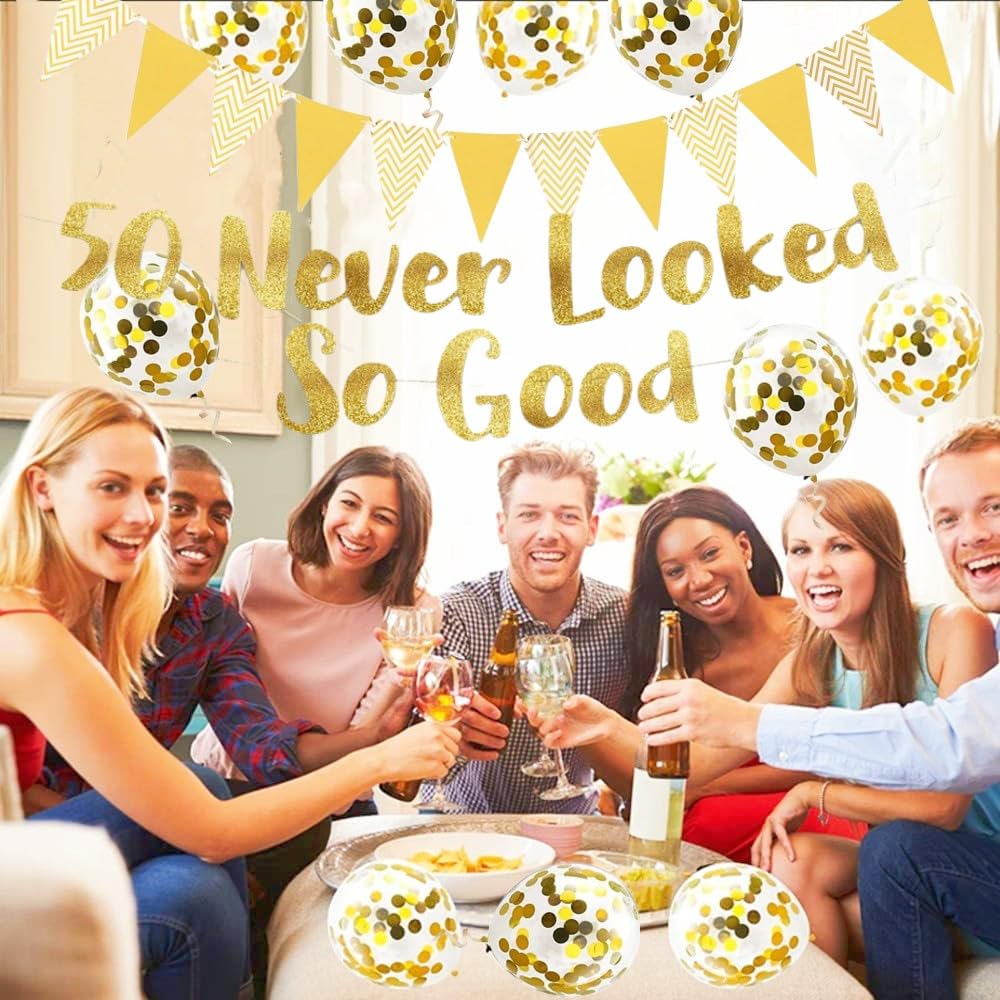 Funny Birthday Banner Glitter Happy 50th Birthday Party Decoration Supplies 50th Wedding Anniversary Decorations Hanging Garland Golden Triangle Flags Pennant Bunting