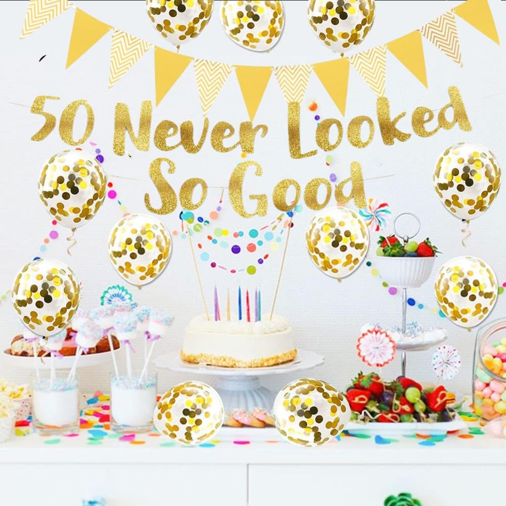 Funny Birthday Banner Glitter Happy 50th Birthday Party Decoration Supplies 50th Wedding Anniversary Decorations Hanging Garland Golden Triangle Flags Pennant Bunting