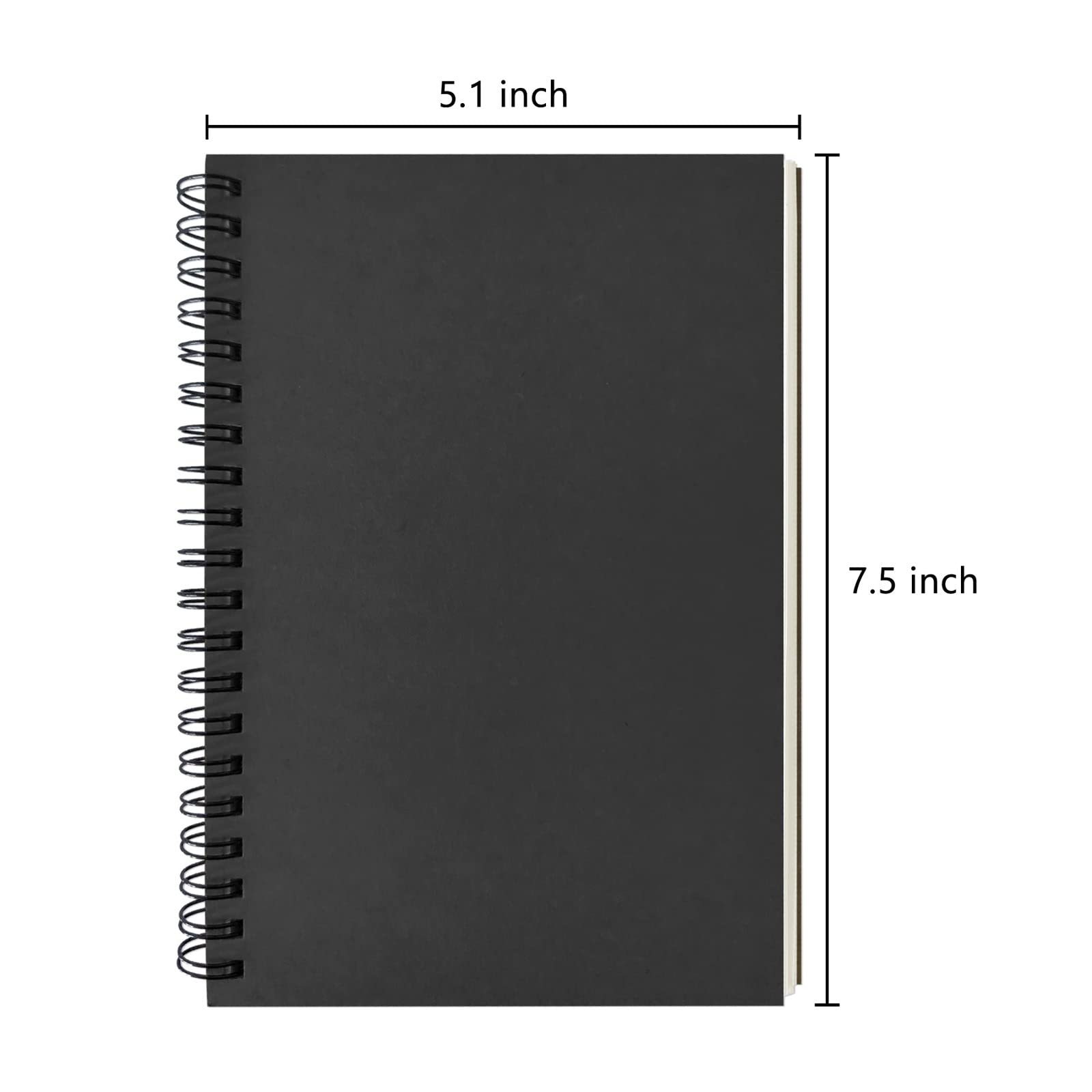 DSTELIN Blank Spiral Notebook, 6-Pack, Soft Cover, Sketch book, 100 Pages / 50 Sheets, 7.5 inch x 5.1 inch, 100GSM, (Black)