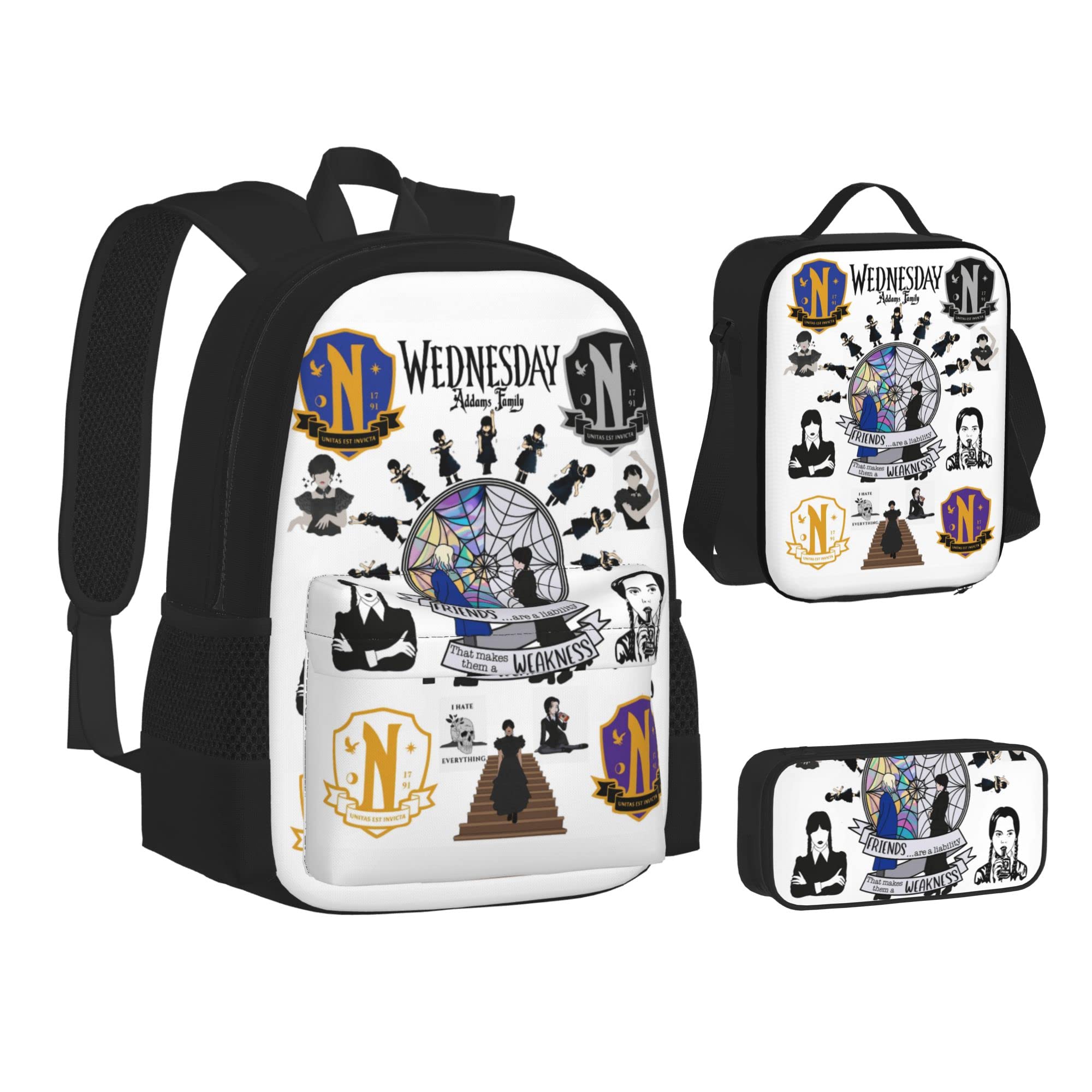 Wednesday Backpacks set 3d Casual Light Weight Backpack Bookbag 3 pice with lunch box lunch bag And pencil case pencil bag For Girls Boys Teens