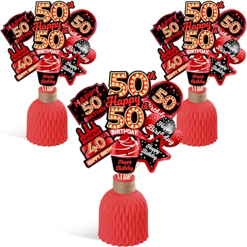 Happy 50th Birthday Red and Black Table Honeycomb Centerpieces Balloons Theme Decor Table Toppers Table Decorations for Girls Women Princess 50 Years Old Birthday Party Supplies Bday Background Gold