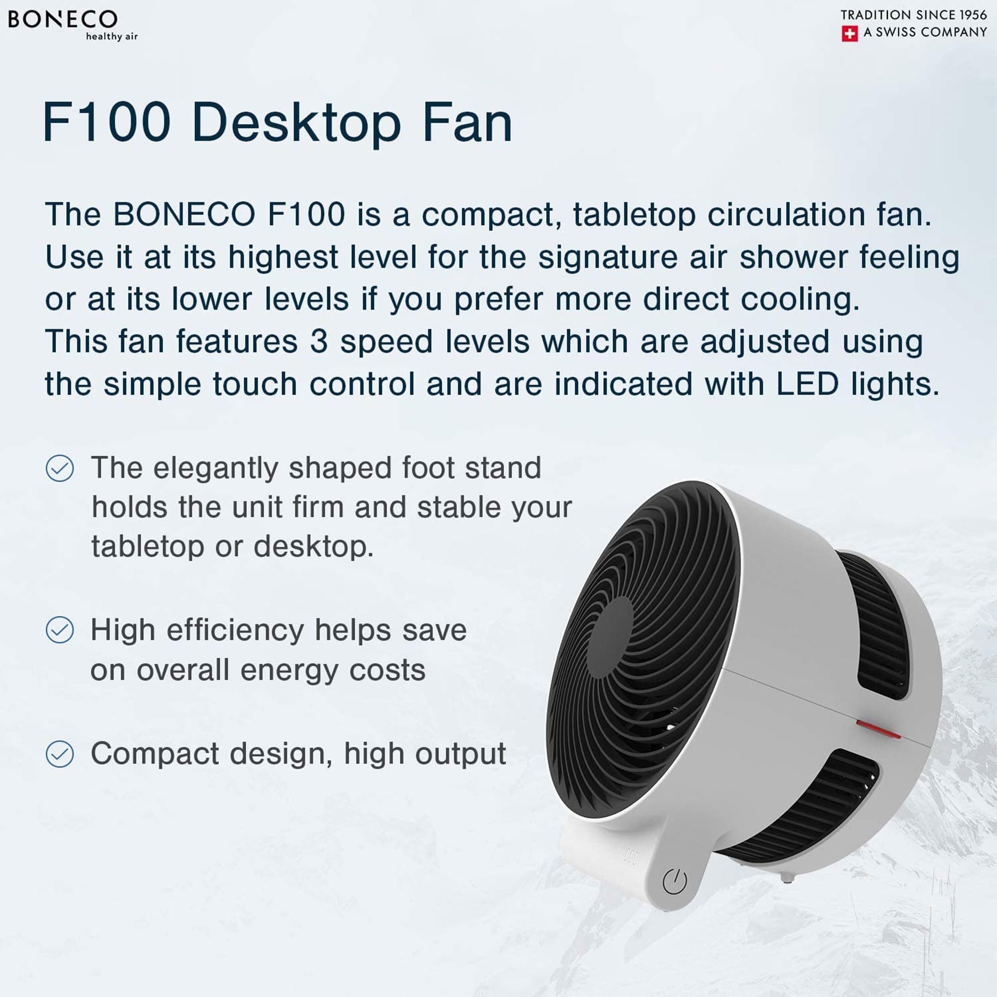 BONECO - F100 Desktop Air Shower Fan, Air Circulator (White)