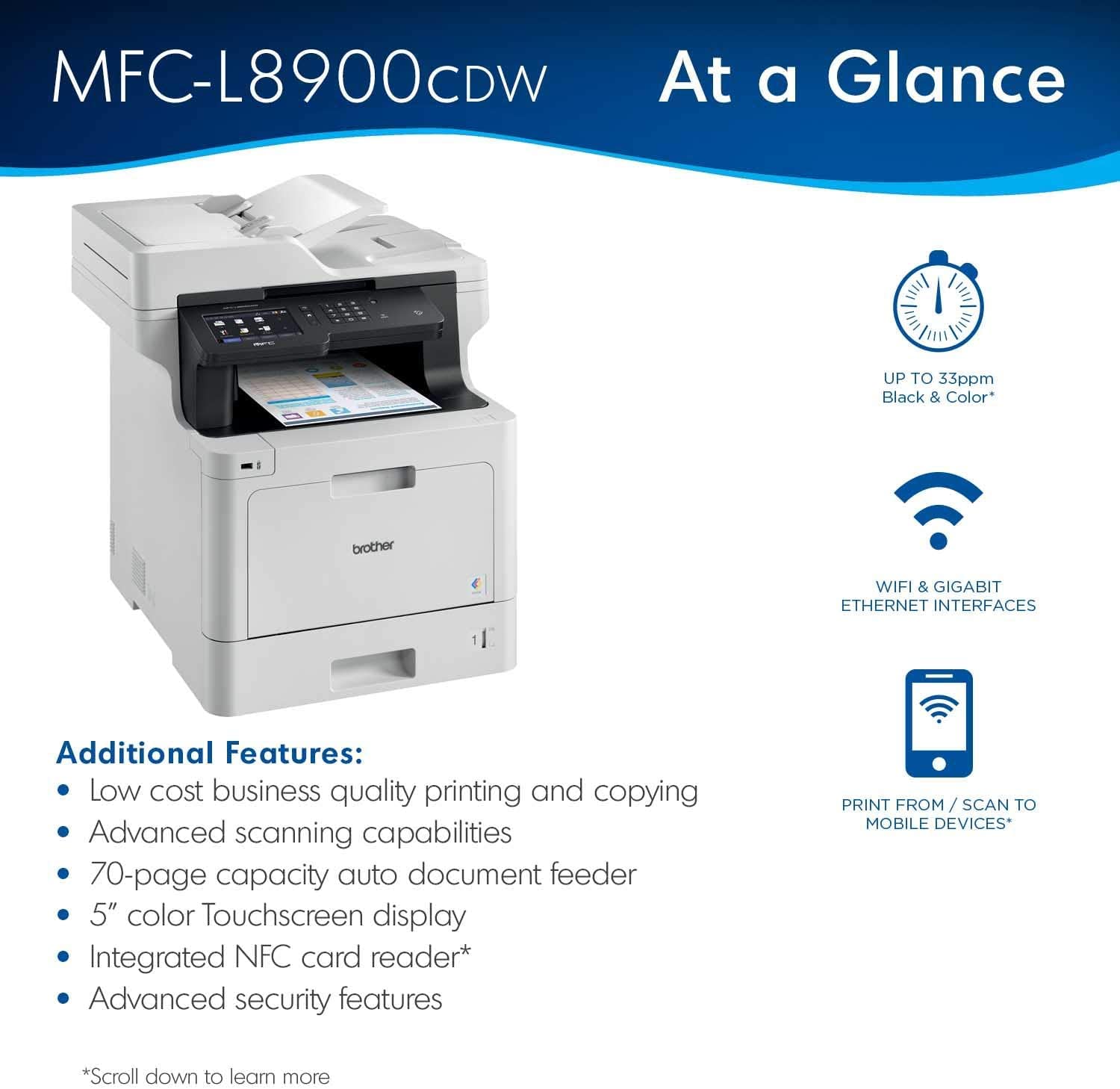 Brother Color MFC-L8900CDW Wireless All-in-One Laser Printer, White - Print Copy Scan Fax - 33 ppm, 2400 x 600 dpi, 5" Touchscreen LED, Auto Duplex Printing, 70-Sheet ADF, NFC, Ethernet
